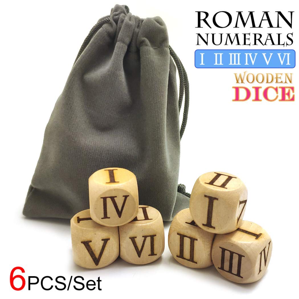 Hometu Set of 6 Pieces 20MM Wood Dice Set Creative Design Roman Number Pattern Wood Rolling Dices Party Game Roll Decider