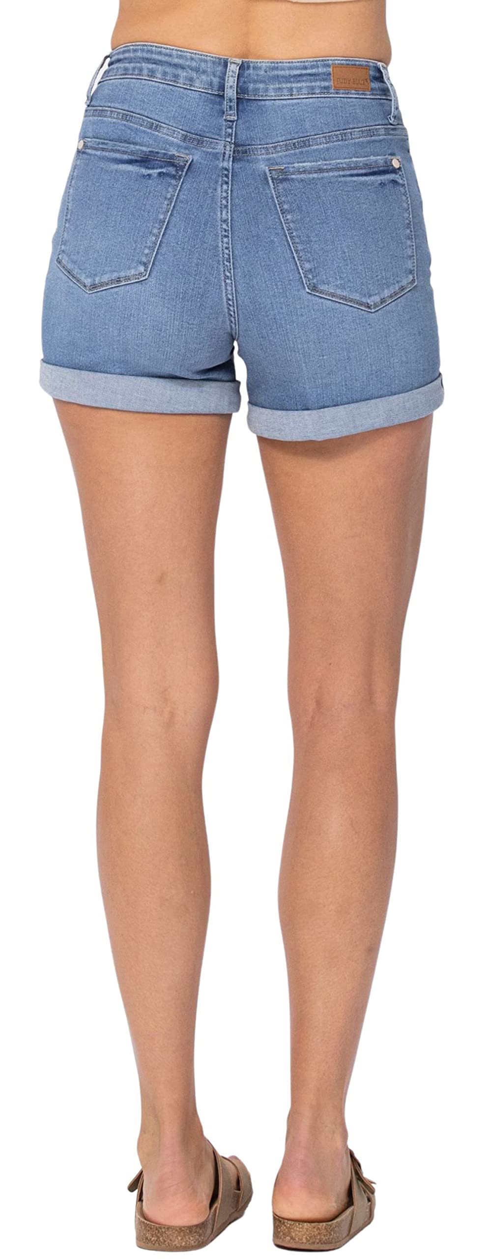 Judy Blue Women's High Rise Open Seam Cuffed Shorts (2XL, Light Blue)