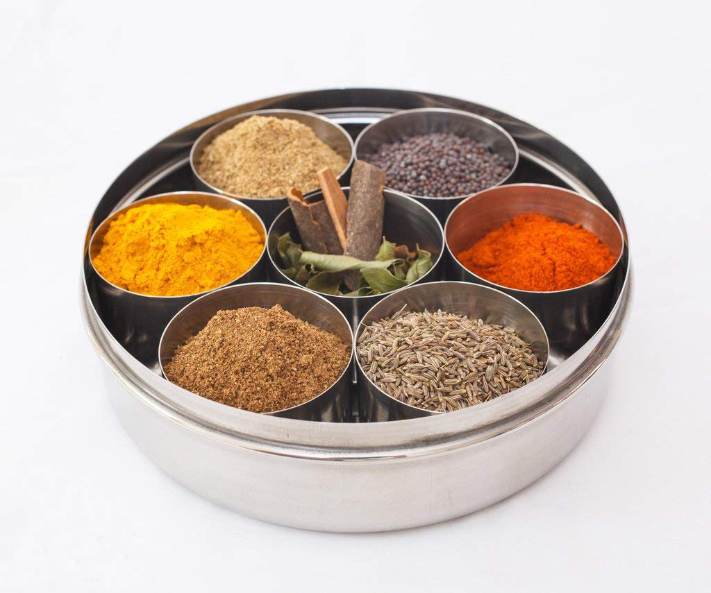 Masala Dabba, Spice Container with Lid Indian Spice Box - Masala Daba - with 7 Compartment for Spices Organising 8 Inch