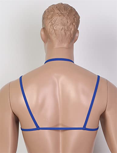 Men's Floral Hollow Out Strappy Bra Sissy Lace See Through Sheer Bralette Adjustable Straps Bikini Lingerie Top (Blue,Large)