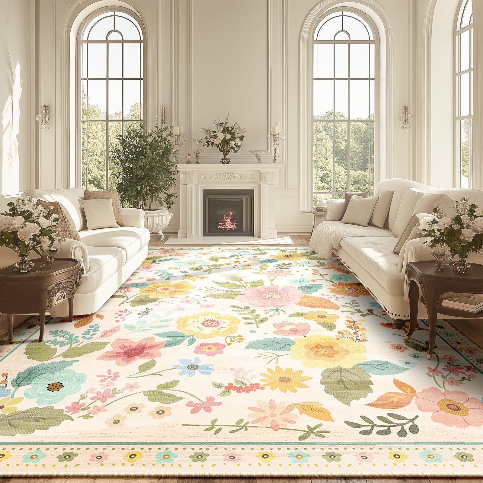 RELEANY Washable Area Rug, Runner Rug, Round Rug, Non Slip Boho Floral Vintage 8x10 Area Rugs for Living Room, 8x10 Rug for Bedroom, Dining Room, Low Pile Carpet Indoor-Cream