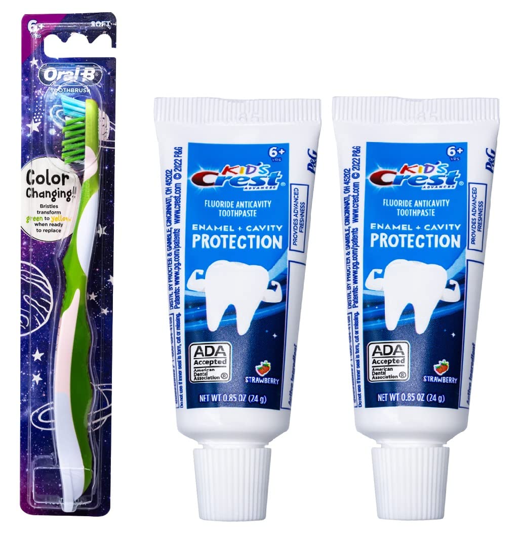 Oral-B Pro-Health Junior CrossAction Galaxy Toothbrush, Ages 6+, Soft -1 Count & Crest Kids Advanced Toothpaste Enamel + Cavity Protection with Fluoride for Anticavity, Travel Size 0.85oz - Pack of 2