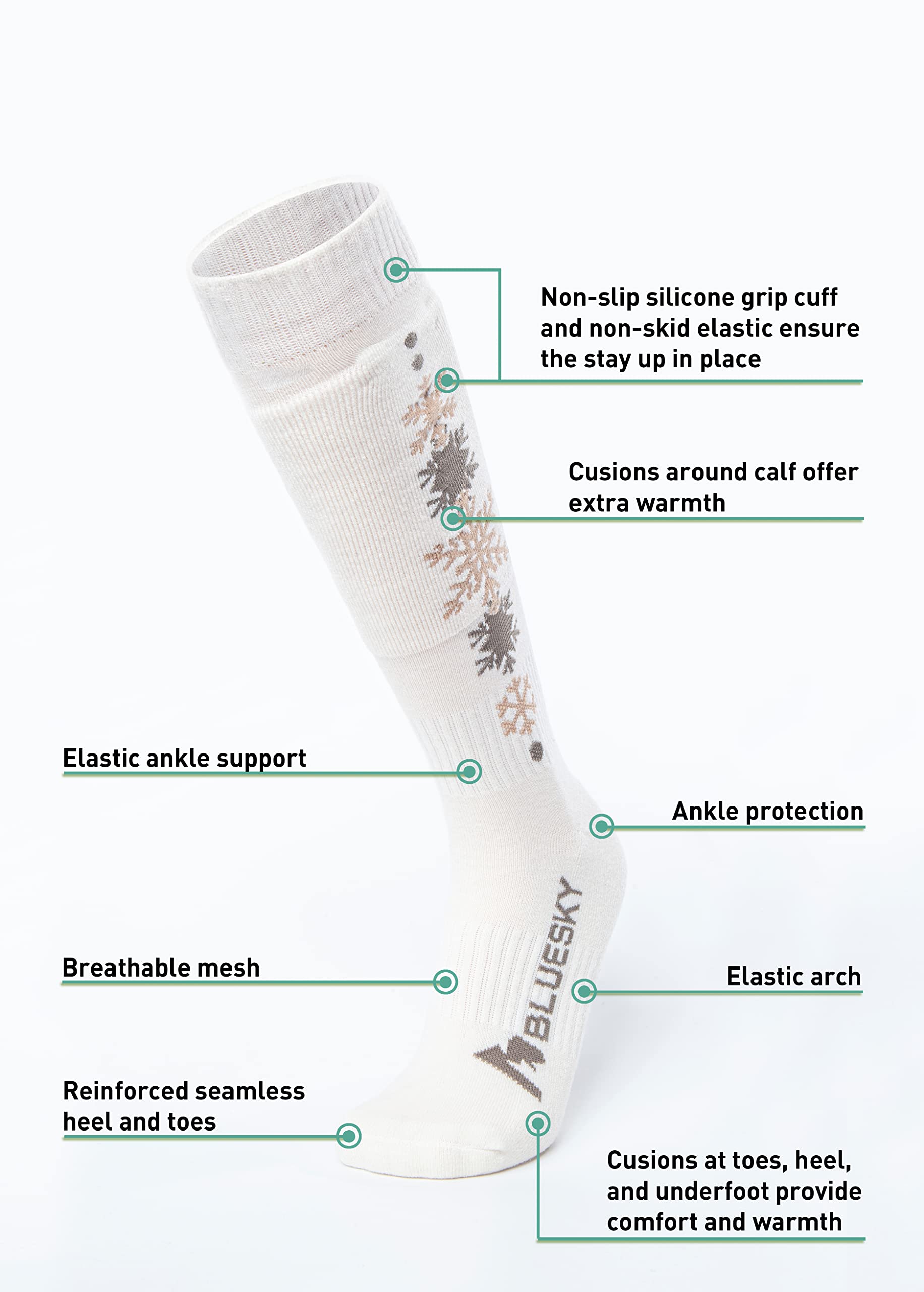 Merino Wool Ski Socks / Hiking Socks for Men&Women, Snowflake (White Small)