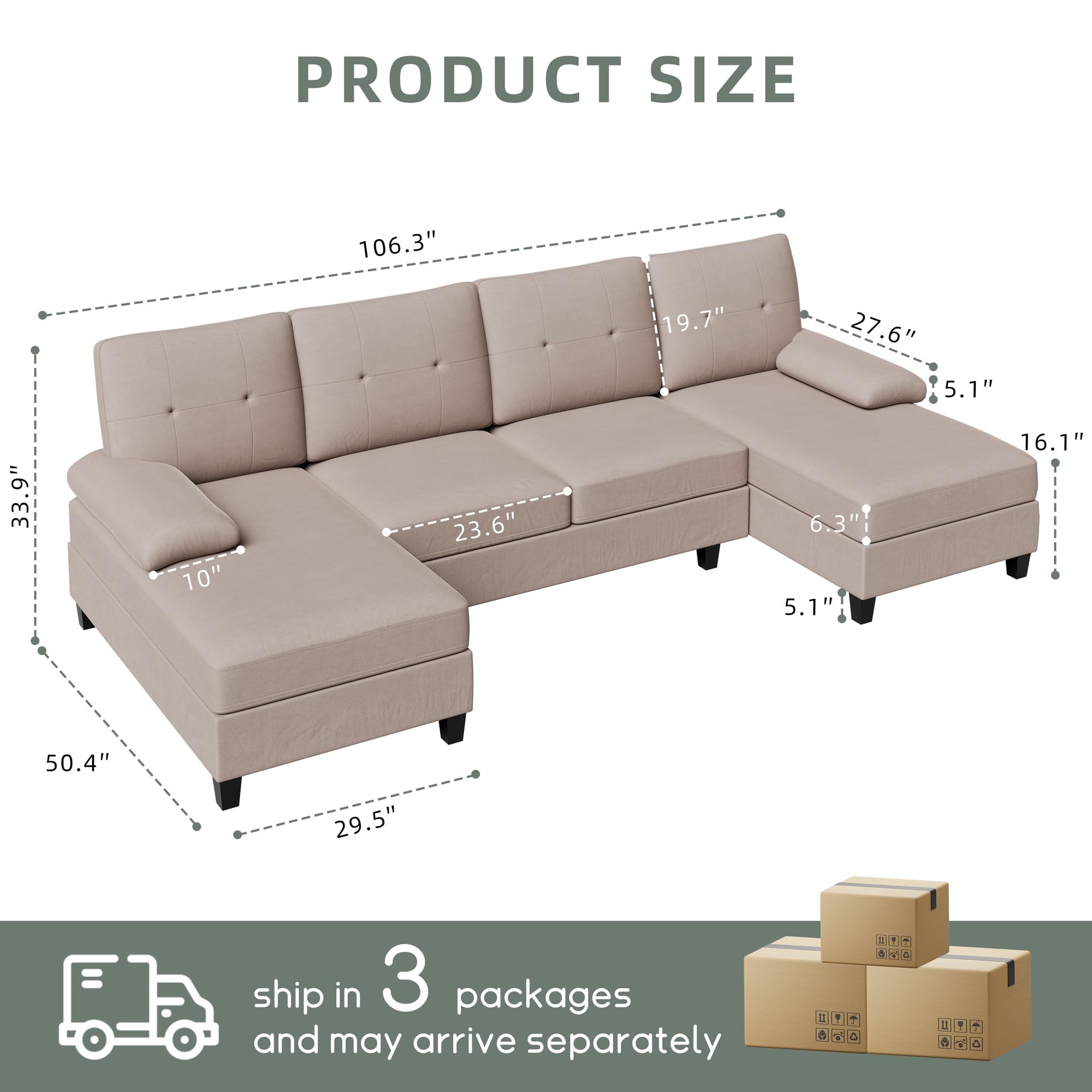 Shintenchi Convertible Sectional Sofa Couch, Modern Linen Fabric L-Shaped, 3-Seat Sofa Sectional with Storage Function Ottoman/Armrest Reversible Chaise for Living Room and Small Space (Gray)