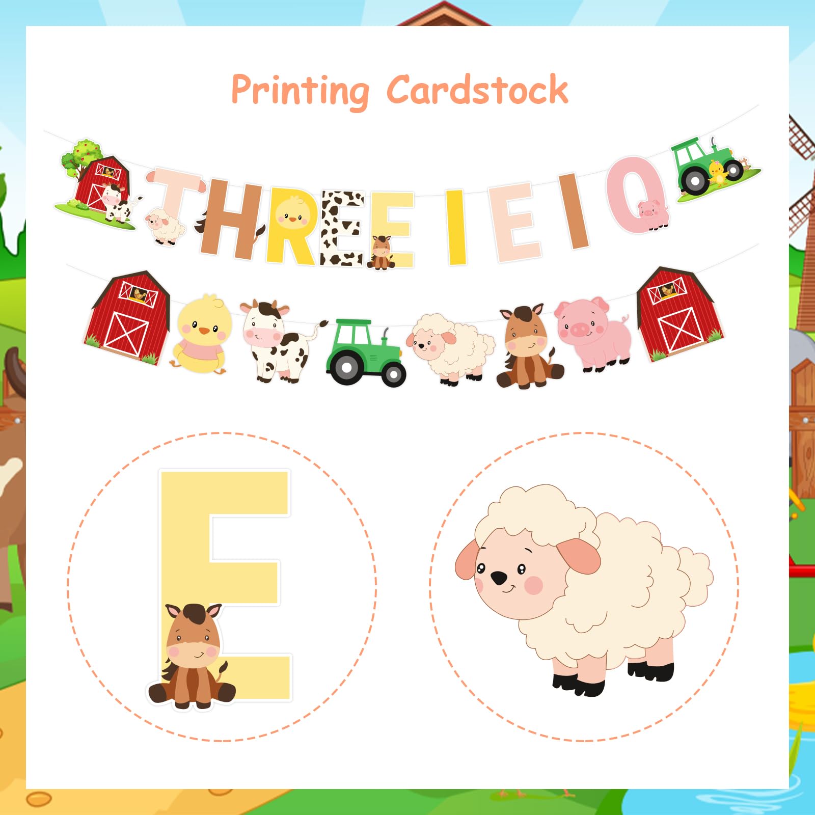 Sursurprise Farm 3rd Birthday Decorations, THREE I E I O Farm Animals Banner for Barnyard Farm Birthday Party Supplies
