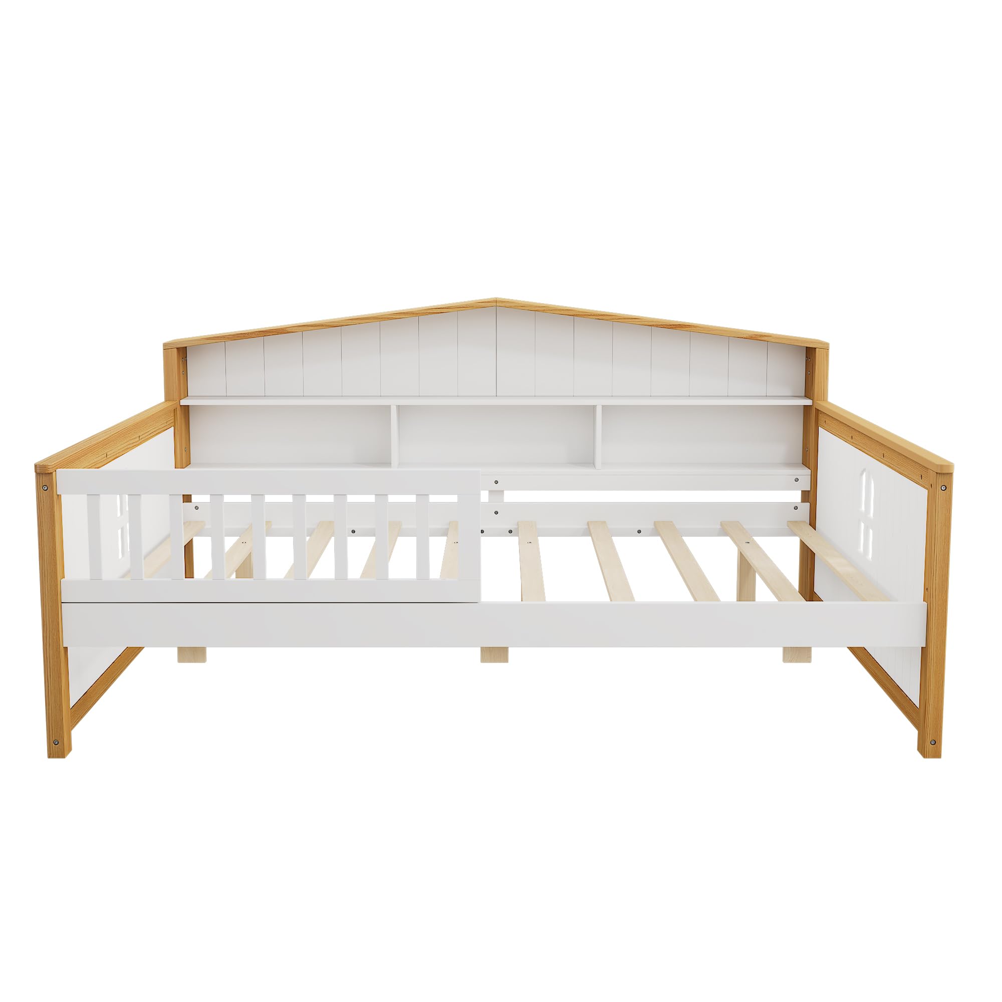 MERITLINE Full Size Daybed with Trundle and Bookcase Headboard, Wood Daybed Sofa Bed with Charming House-Shaped Design,Kids Bed Frames with Windows and Safety Rails,Walnut and White