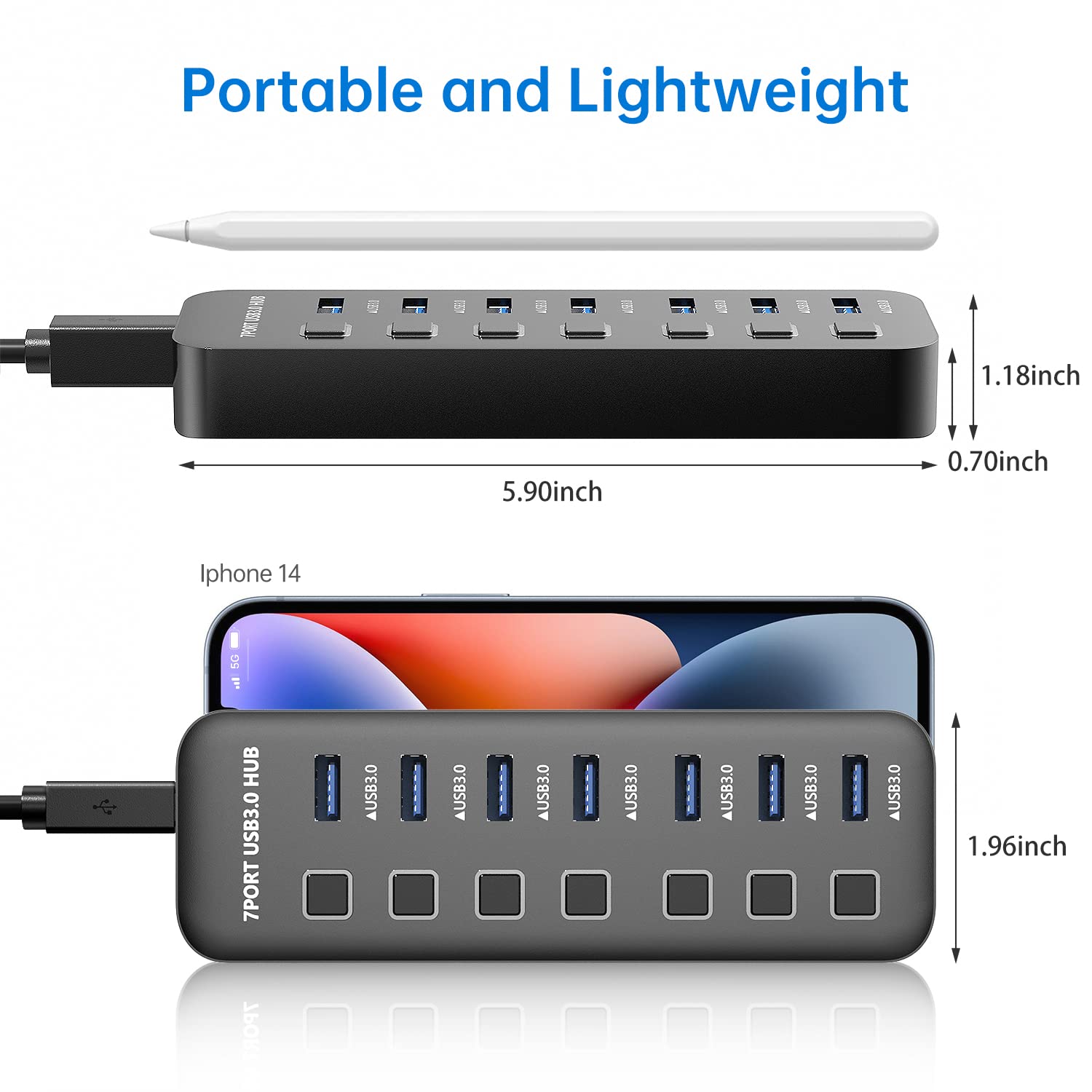 ONFINIO USB Hub 3.0 7 Port, USB Data Hub Splitter with LED Individual On/Off Switches and Lights, 5Gbps High Speed USB Port Expander for MacBook, Mac Pro, Mac Mini, iMac, Surface Pro, XPS, PC