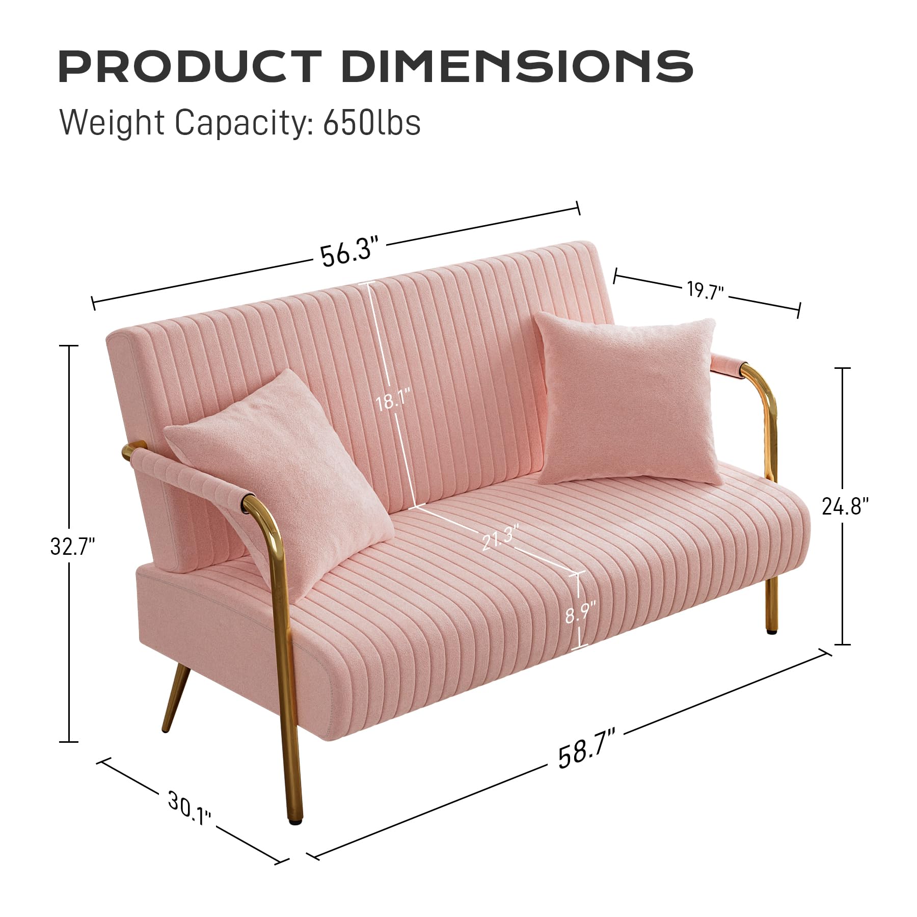 OUYESSIR Loveseat Small Sofa Couch, 59" Love Seat Settee 2 Seater Upholstered Sofa with 2 Pillows for Small Space Living Room Office Apartment (Pink, Velvet)