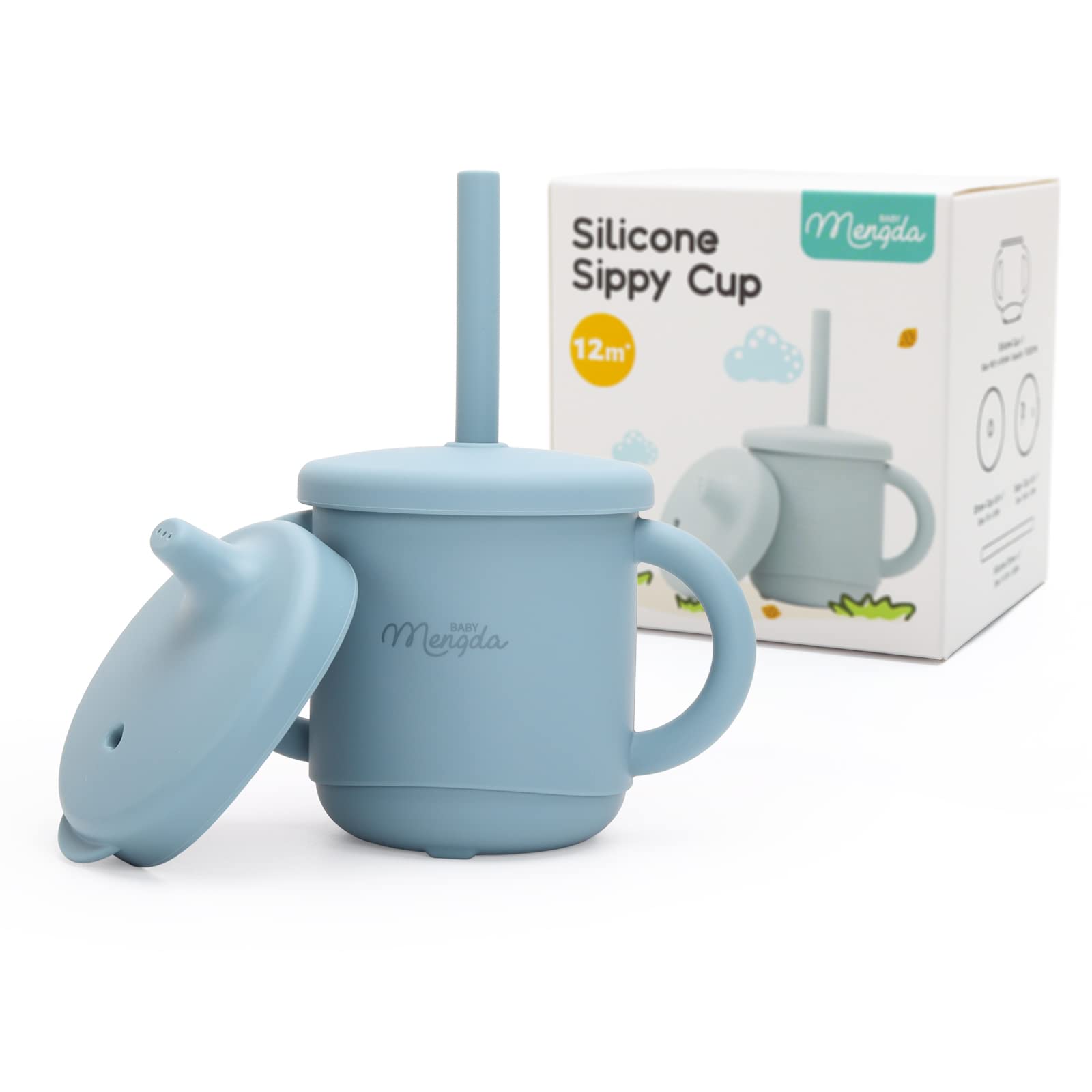 Mengdababy Sippy Cup for Toddler, Silicone Straw Cup for Baby 1+ Year Old, 3 in 1 Kids Cup with Two Easy Grip Handles, Dishwasher & Microwave Safe | BPA Free 7oz Blue