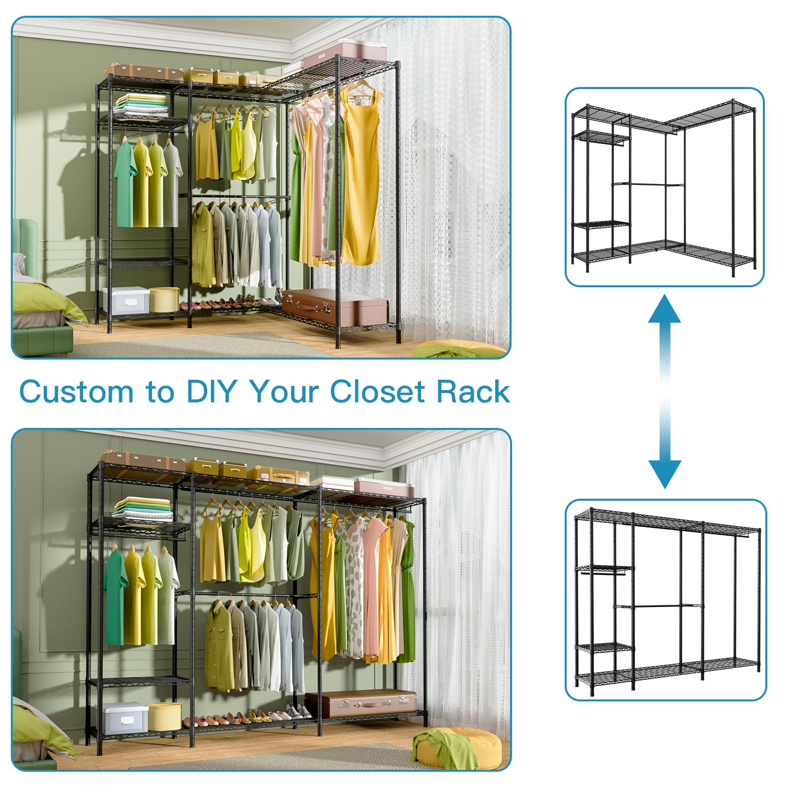 Ulif L2 L-shaped Clothes Rack, Freestanding Heavy-Duty Garment Rack with 6 Wire Shelves and 4 Hanger Rods, Portable Wardrobe Closet - 44" W x 43.3" L x 77.5" H, Max Load 802 LBS, Black