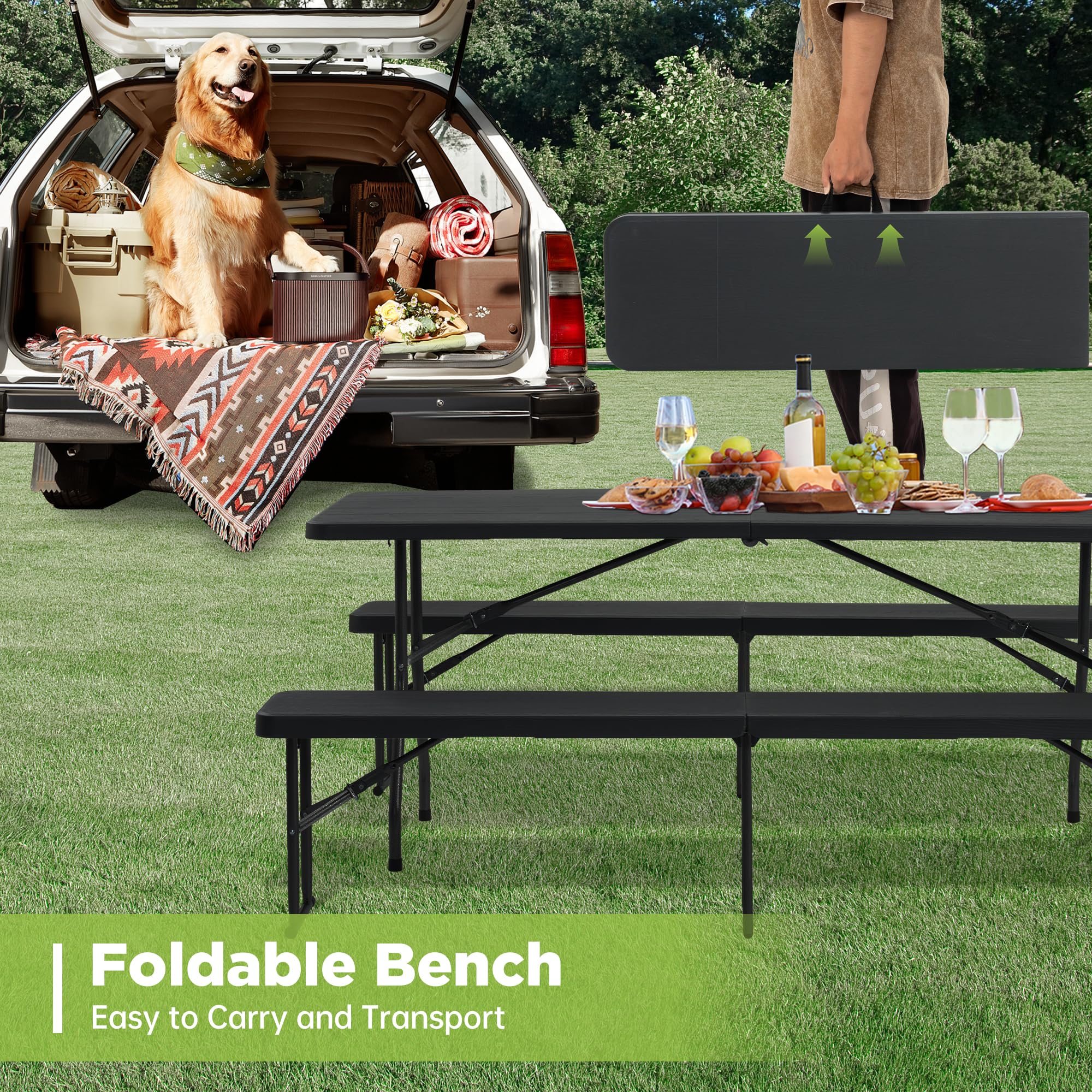 Real Relax 6FT Folding Bench, 2 Pack Portable Bench with Handle and Non-Slip Pad, Waterproof Camping Bench for Garden, Picnic, Indoor Outdoor Entertaining, White