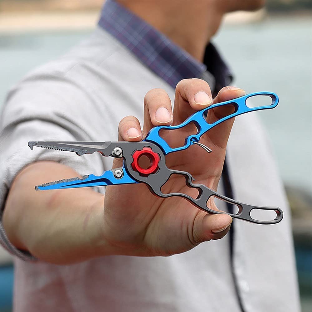 MengK Aluminium Fishing Pliers Hook Remover Pliers Fish Holder Split Ring Tool Clip Clamp Line Cutters with Lanyard and Storage Bag