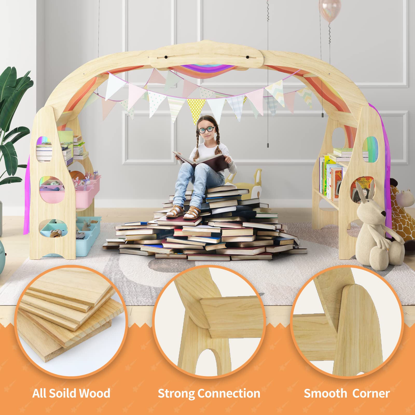 linor Indoor Playground for Kids in 3-12, Wooden Play Structures with Bookcase, Waldorf Playstand Arch with A Large Space for Reading, Storing, Playing, Great Gift for Kids (Wood)