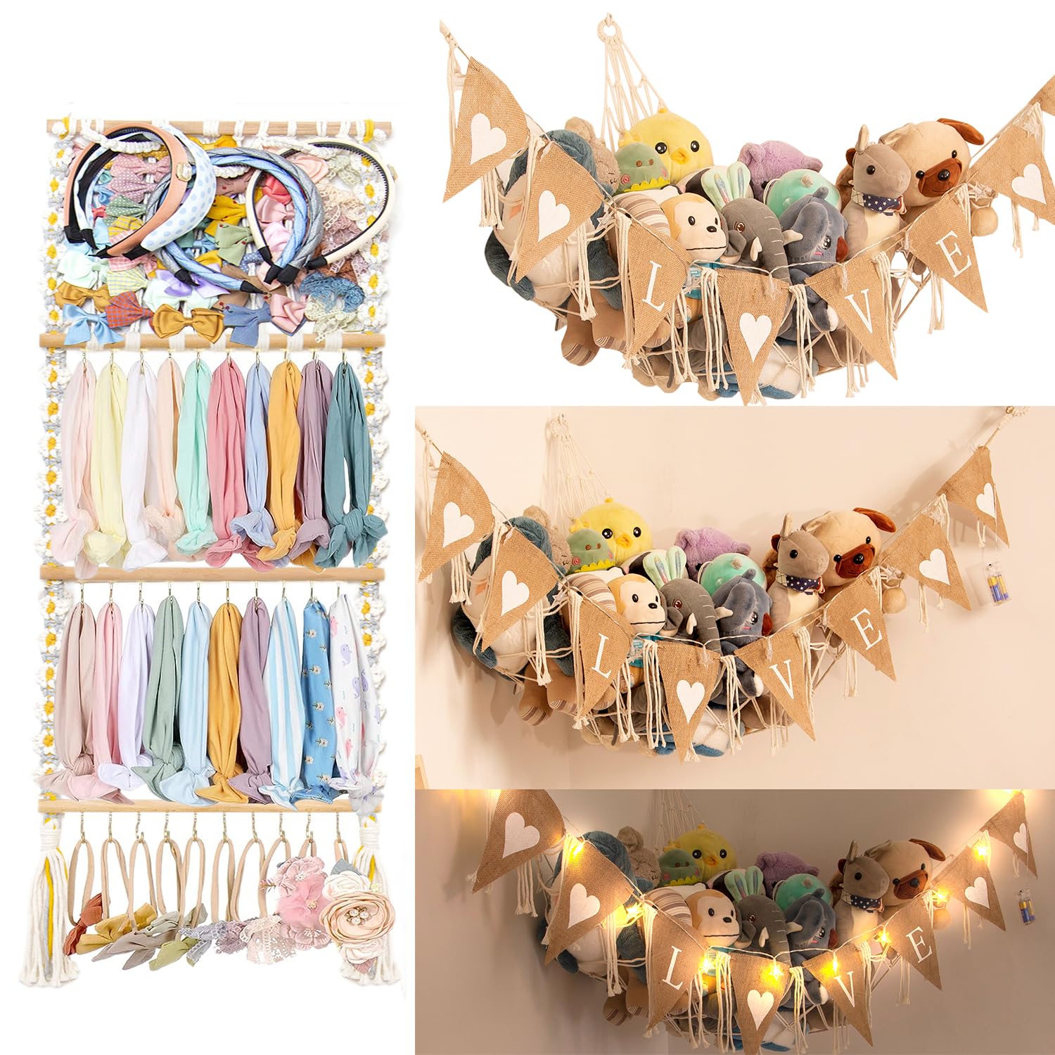 jontell Boho Nursery Storage Plushie Net Holder and Bow Hanging Holder Over Door