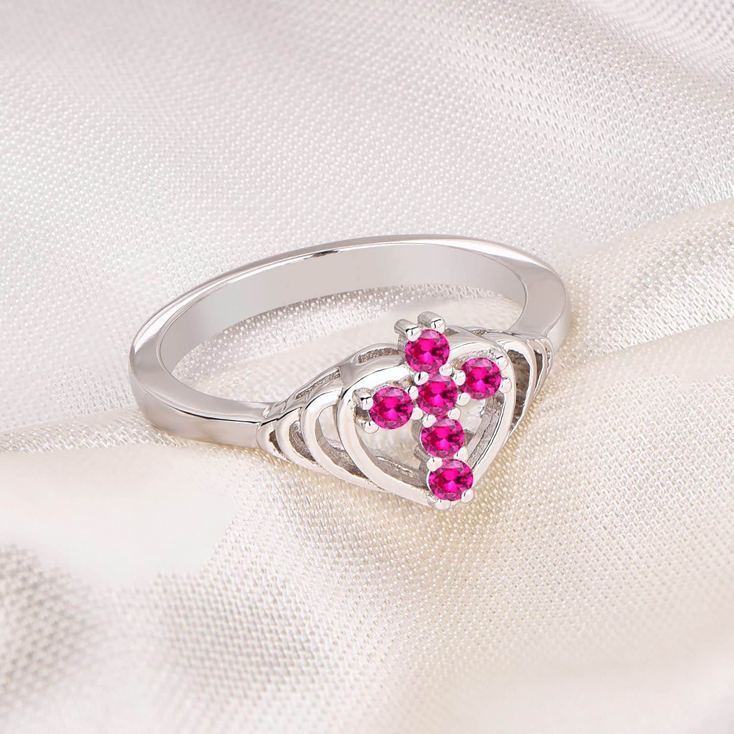 JO WISDOM 925 Sterling Silver Cubic Zirconia Heart Cross Crucifix Statement Ring,July Birthstone Ruby Color Jewelry for Women size9