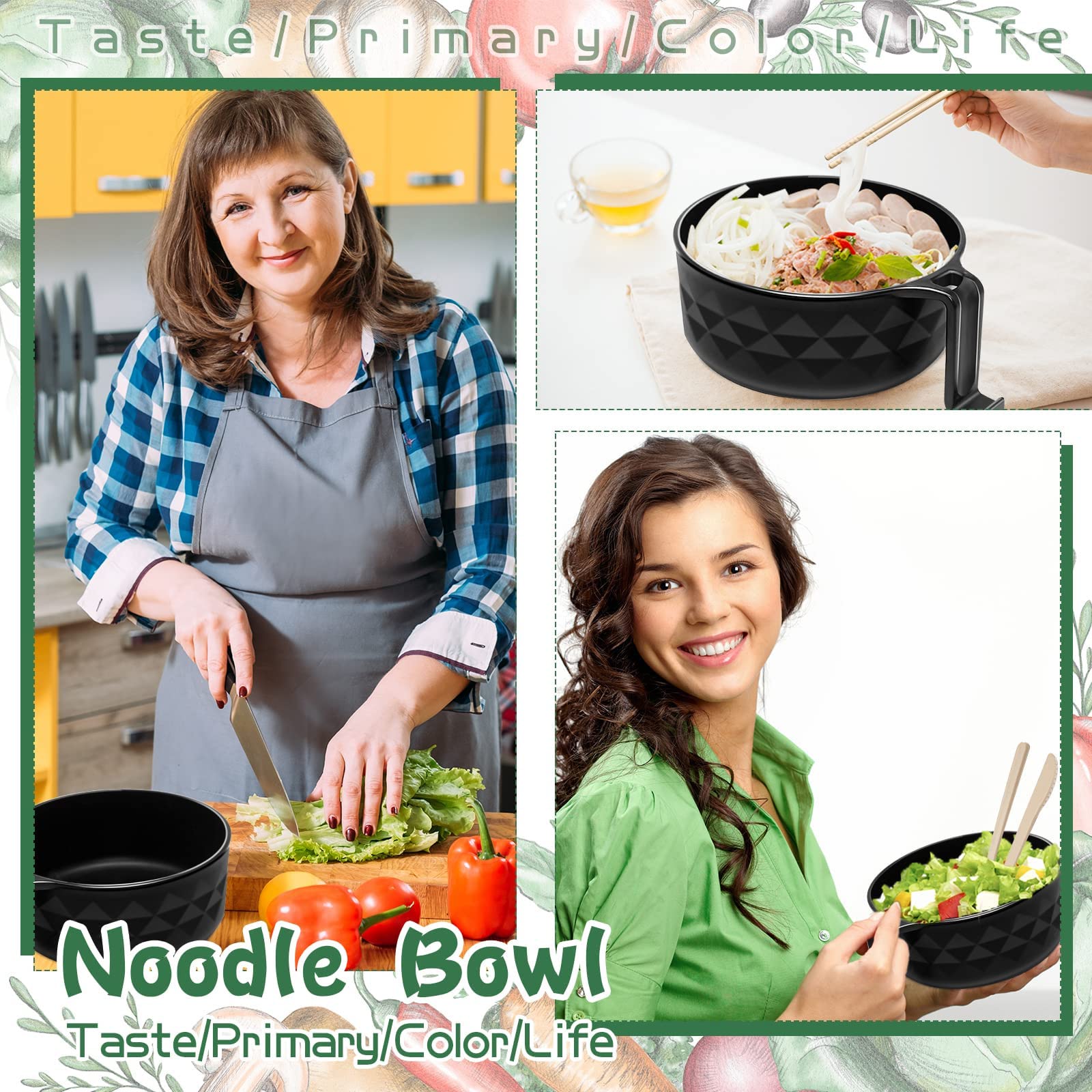 Microwave Ramen Bowl Set, Instant Noodle Bowl Ramen Bowl with Chopsticks, Drainage Bowl, Lid & Handle, College Dorm Room Essentials, Dishwasher-Safe, BPA-Free (Black/1 Set)