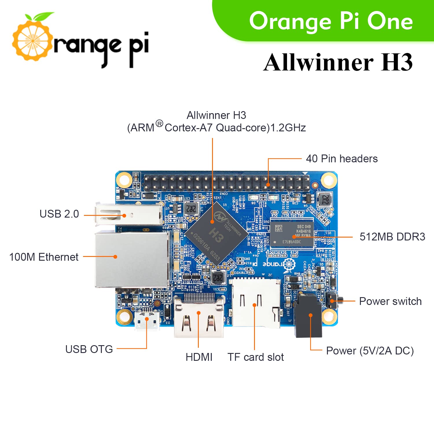 Orange Pi One 1GB DDR3 AllWinner H3 Quad-core Cortex-A7 Single Board Computer, Compatible with Raspberry Pi GPIO Port, Development Board Run Orange Pi/Android/Ubuntu/Debian(Pi One 1GB)