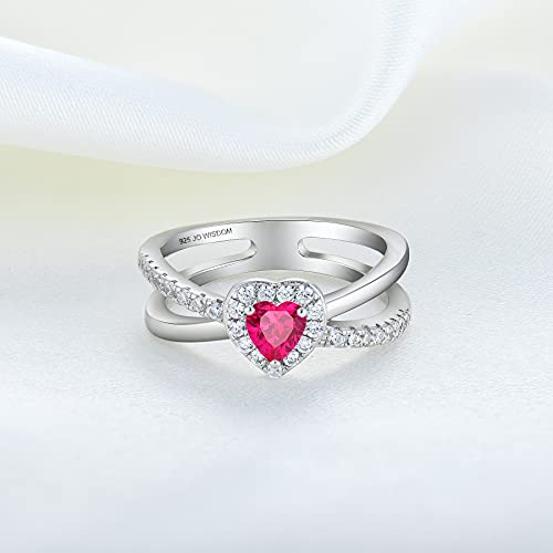 JO WISDOM Heart Rings for Women,925 Sterling Silver Ruby-Coloured Birthstone Heart Shaped Promise engagement rings for Women Size 10