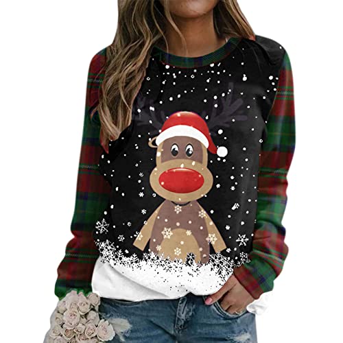 Shirt For Women Trendy Christmas Print Pullover Long Sleeve Sweatshirts Relaxed Fit Workout Tops Christmas Tops Black