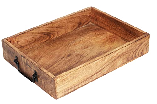 Wooden Decorative Serving Tray with Metal Handles | Wood Trays for Breakfast in Bed, Lunch, Dinner, Appetizers, Patio, Ottoman, Coffee Table, Party (15" X 11" x 2.75")
