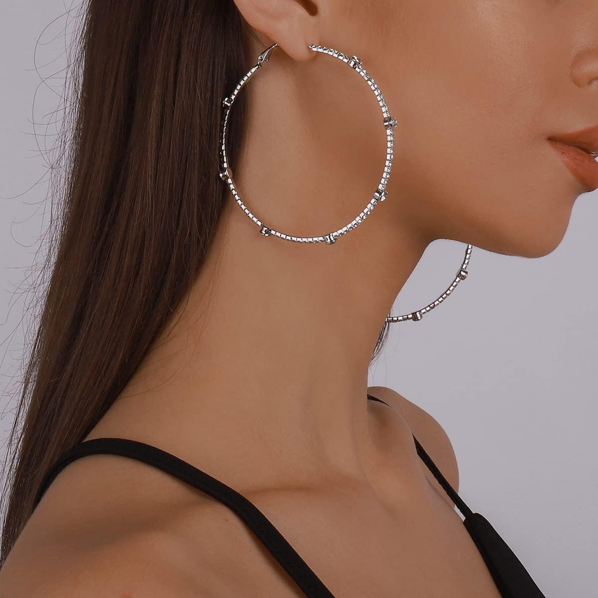 Jumwrit Big Rhinestone Hoop Earrings Large Round Circle Earrings Chain Dangle Earrings Sparkle Stud Earrings for Women Girls(Silver)