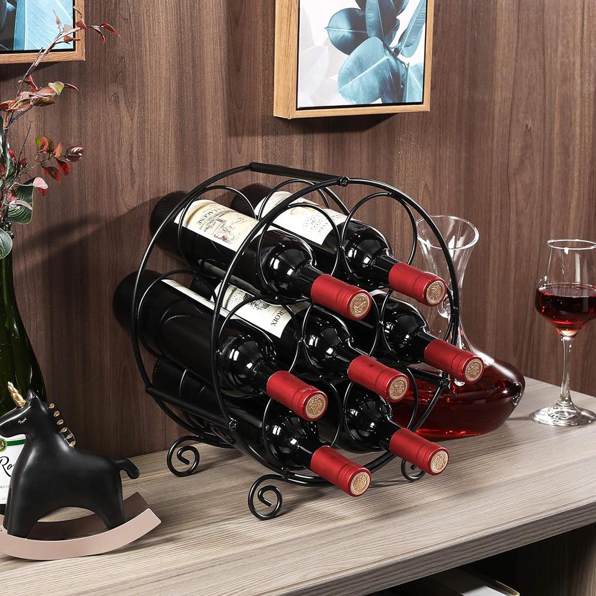 JEBELE Wine Rack Stand of 7 Bottles Freestanding Countertop Metal Wine Rack Small Wine Bottle Organizer Holders Stands Black