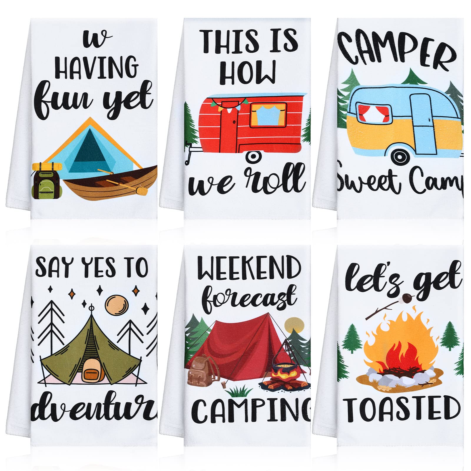 Kingdder 6 Pcs Camper Dish Towels Camping Kitchen Towels Funny Sayings Happy Camper Towels 16 x 24 Inches Kitchen Hand Towels Housewarming Farmhouse Gift Camping Accessories for RV Campers