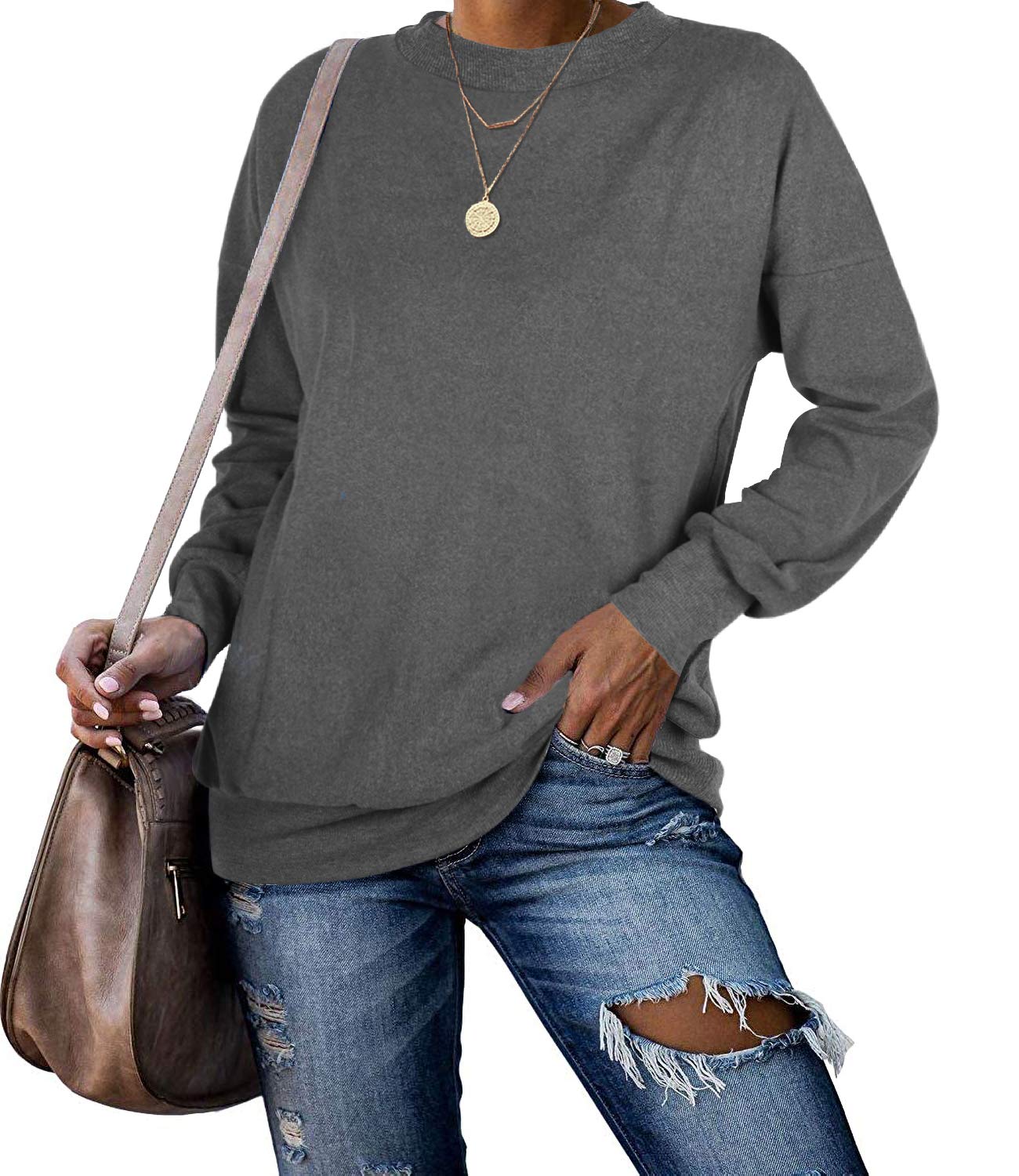 Jescakoo Crewneck Sweatshirt Women Casual Oversized Tops Pullover Winter Grey L