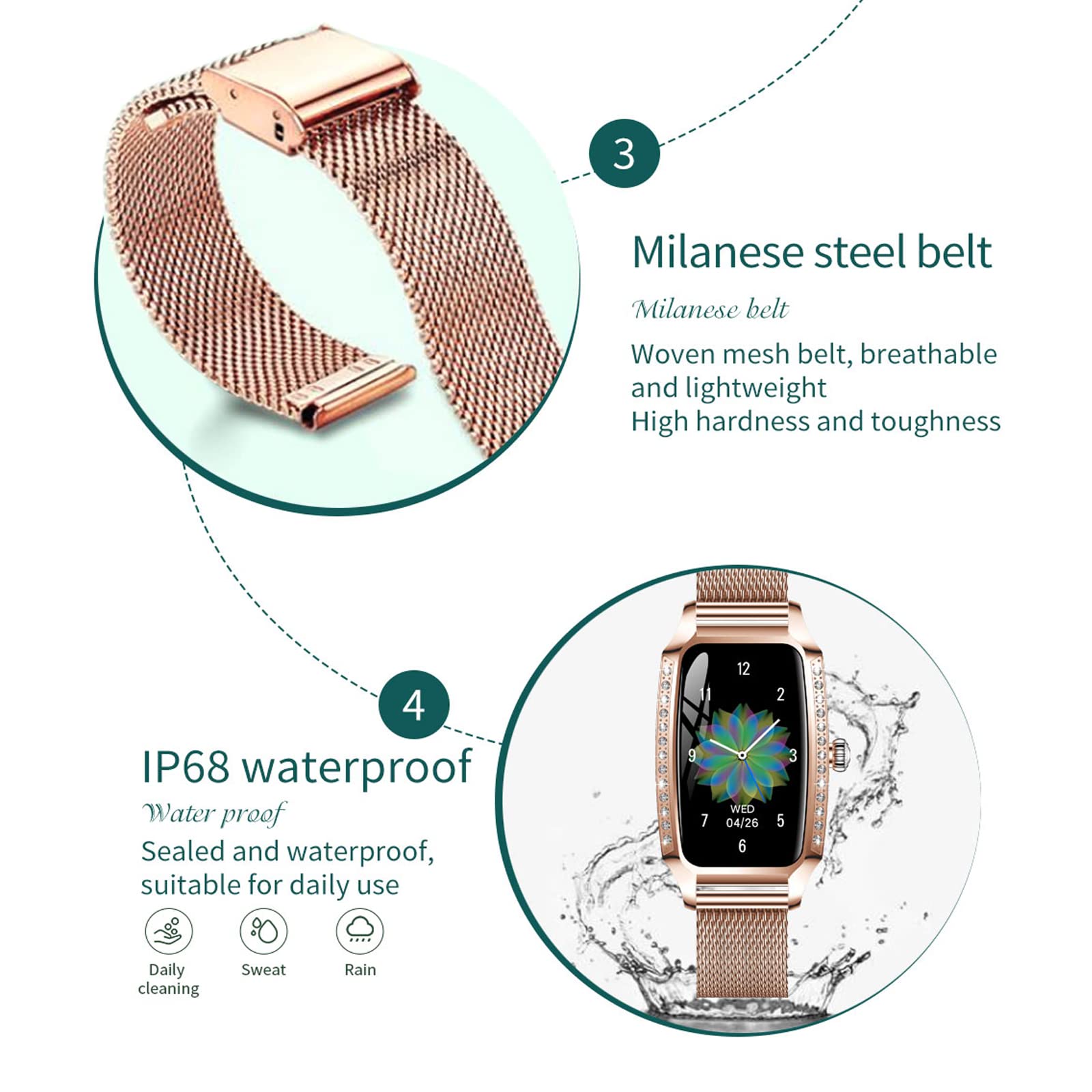 Pard 1.47 Inch Retro Women Smart Watch with Sports Functions, Sleep Detection, Heart Rate Blood Pressure for iOS Android Device, Silver