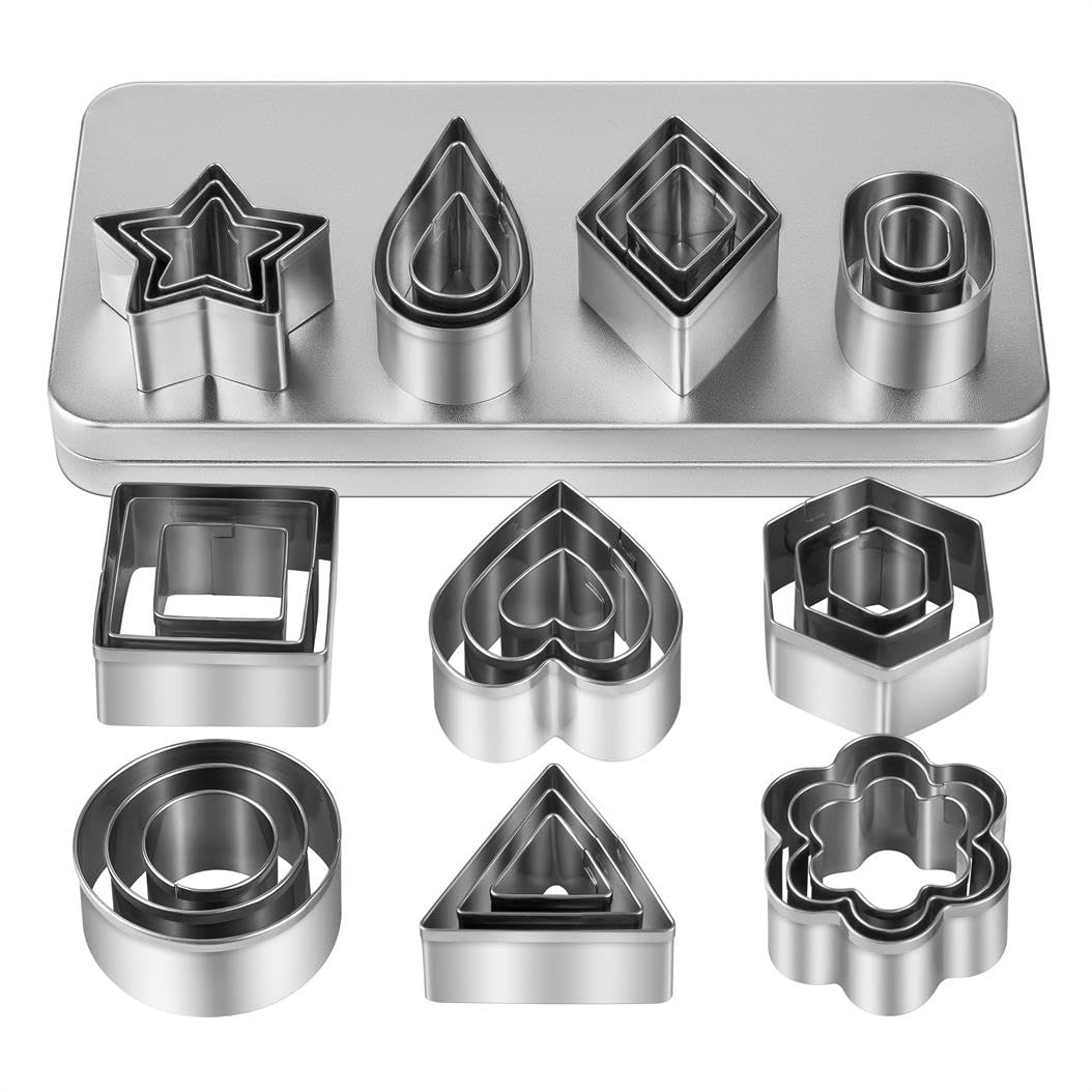 Mini Cookie Cutters Set with Box, QtoiKce 30Pcs Small Stainless Steel Flower Square Heart Round Star Triangle Oval Shapes Cookie Cutters, Mini Polymer Clay Cutters for Kids