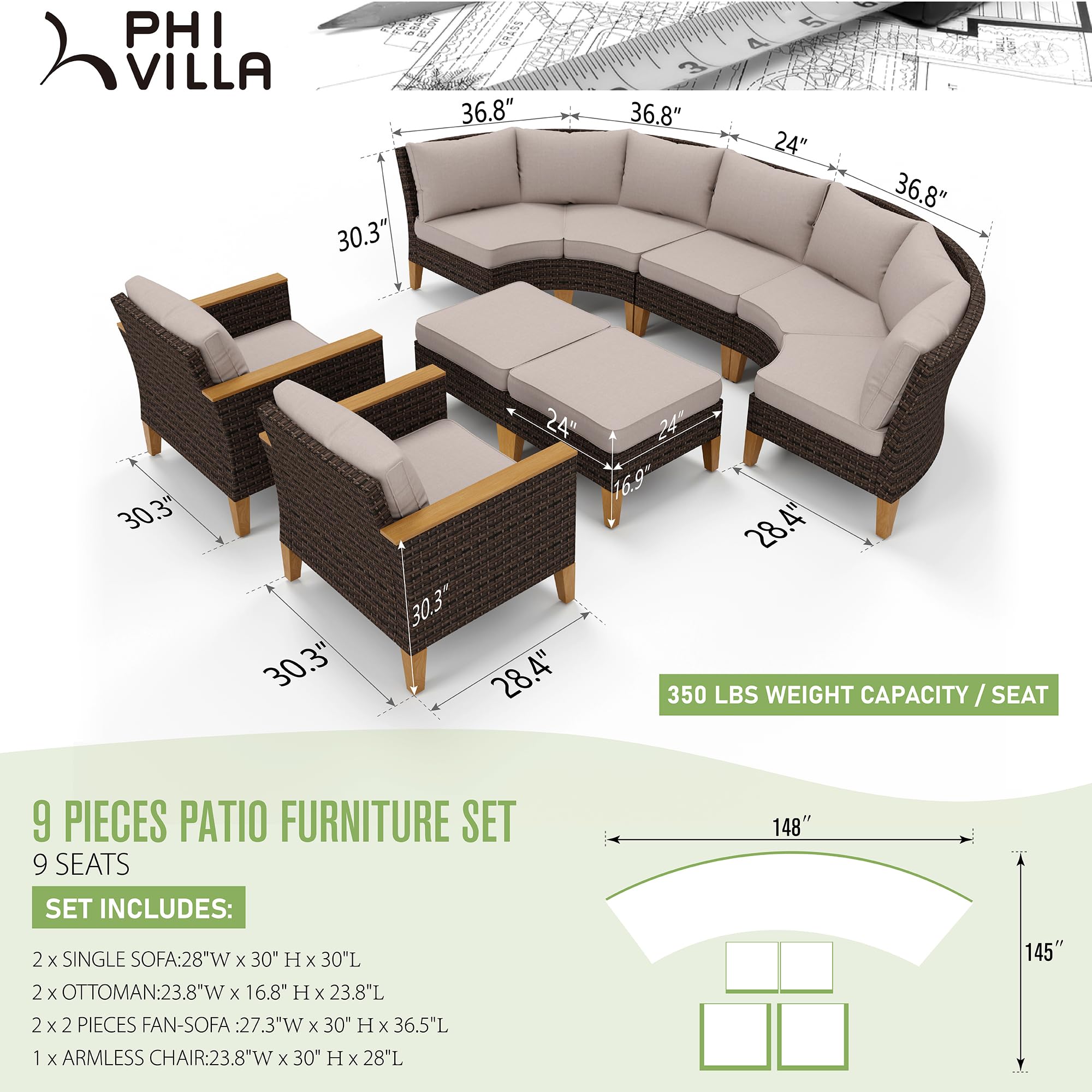 PHI VILLA Outdoor Patio Furniture 9 Seat Half-Moon Curved Sectional Oversized Wicker Sofa Set with Cushions, Beige for Poolside,Garden