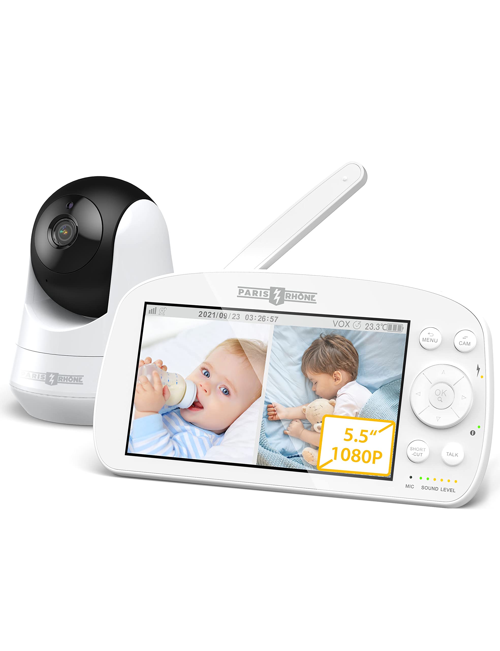 PARIS RHÔNE Baby Monitor, 5.5" 1080P Split Screen Baby Video, 2-Way Talk, 1000ft Range, 5000mAh Battery, HD Night Vision, Pan Tilt Zoom, VOX Mode, Temperature Sensor, White (PE-IH004)