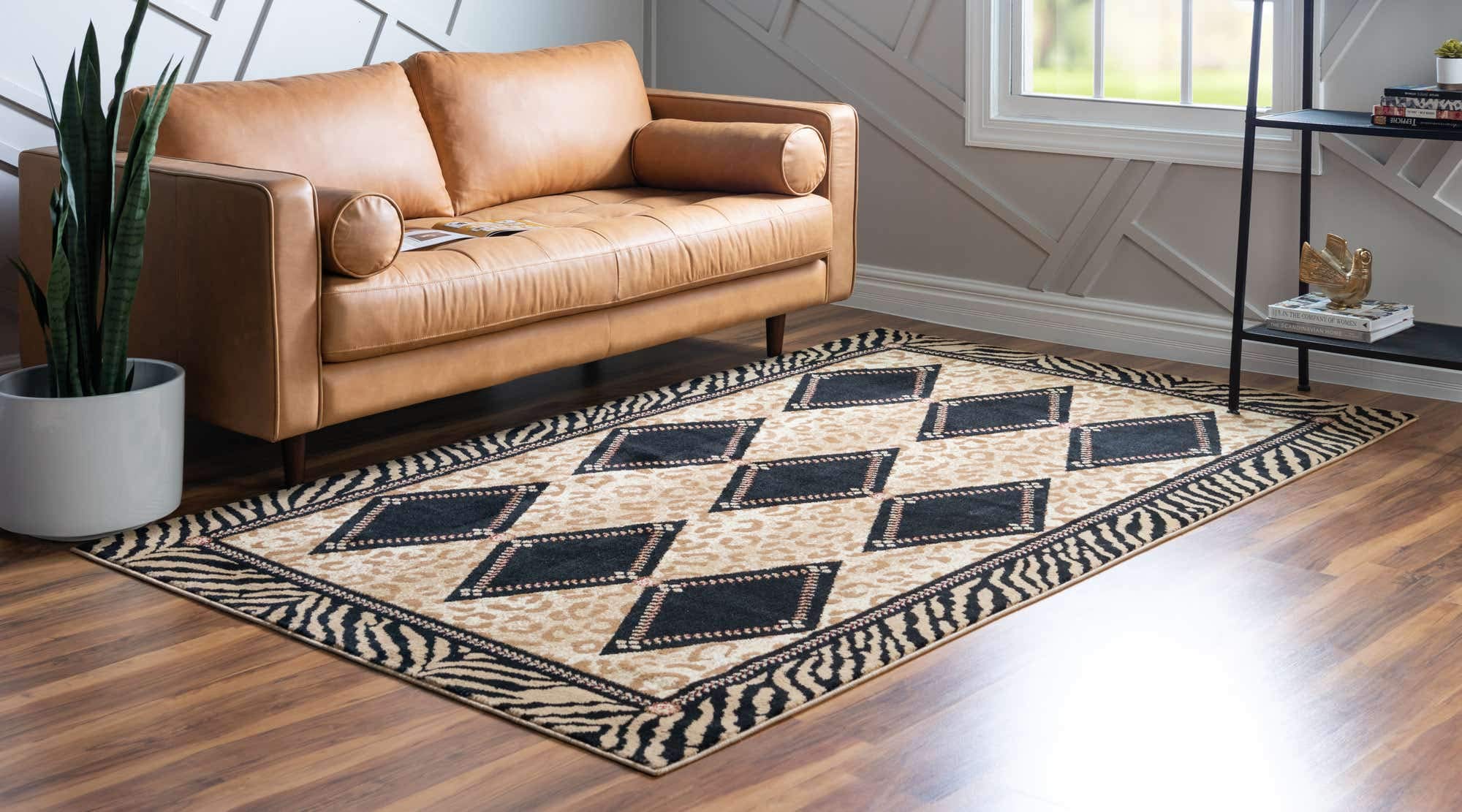 Unique Loom Wildlife Collection Animal Inspired with Tiger Bordered Design Area Rug, 9 ft x 12 ft, Light Brown/Black