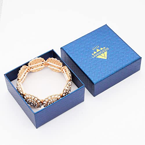 Lavencious Round Shape Elastic Stretch Bracelet Paved with Rhinestones Bridal Wedding Jewelry for Women 7"(Gold Clear)