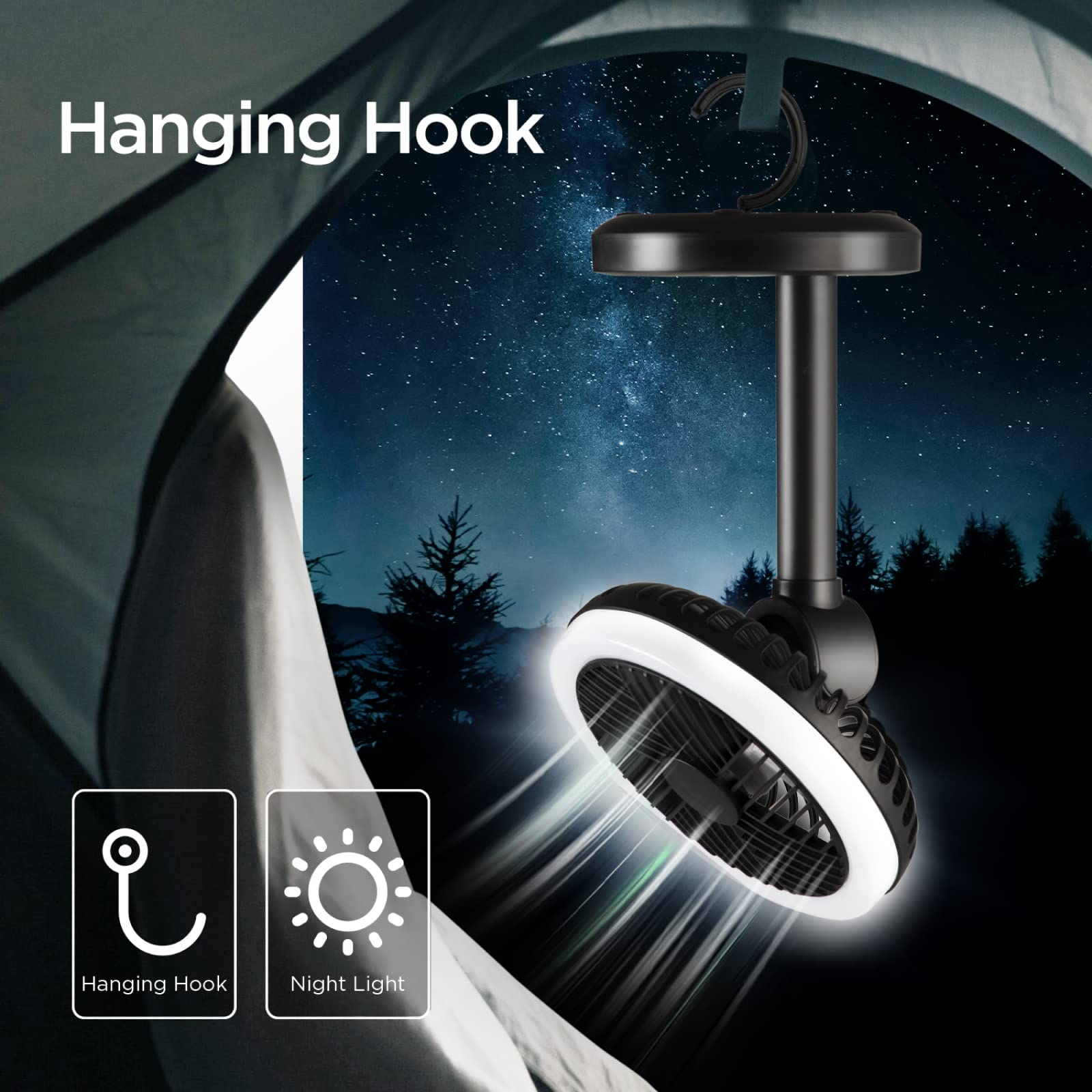 GOODAT 10.5 Inch USB Desk Fan with Ring LED Lantern, 90° Adjustment for Better Cooling, Ultra-quiet, 3 Speeds Portable Mini Powerful Desktop Table Fan, Small Personal Cooling Fan for Home Office Black