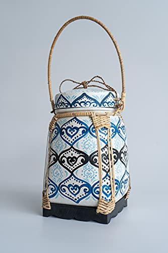 Siam Sawadee White Weaved Bamboo Rice Basket, Hand Woven Thai Rattan Jar, Handcrafted Traditional Household Wicker Container, Moroccan Pattern Painted, Handmade in Thailand, 7x12 inches