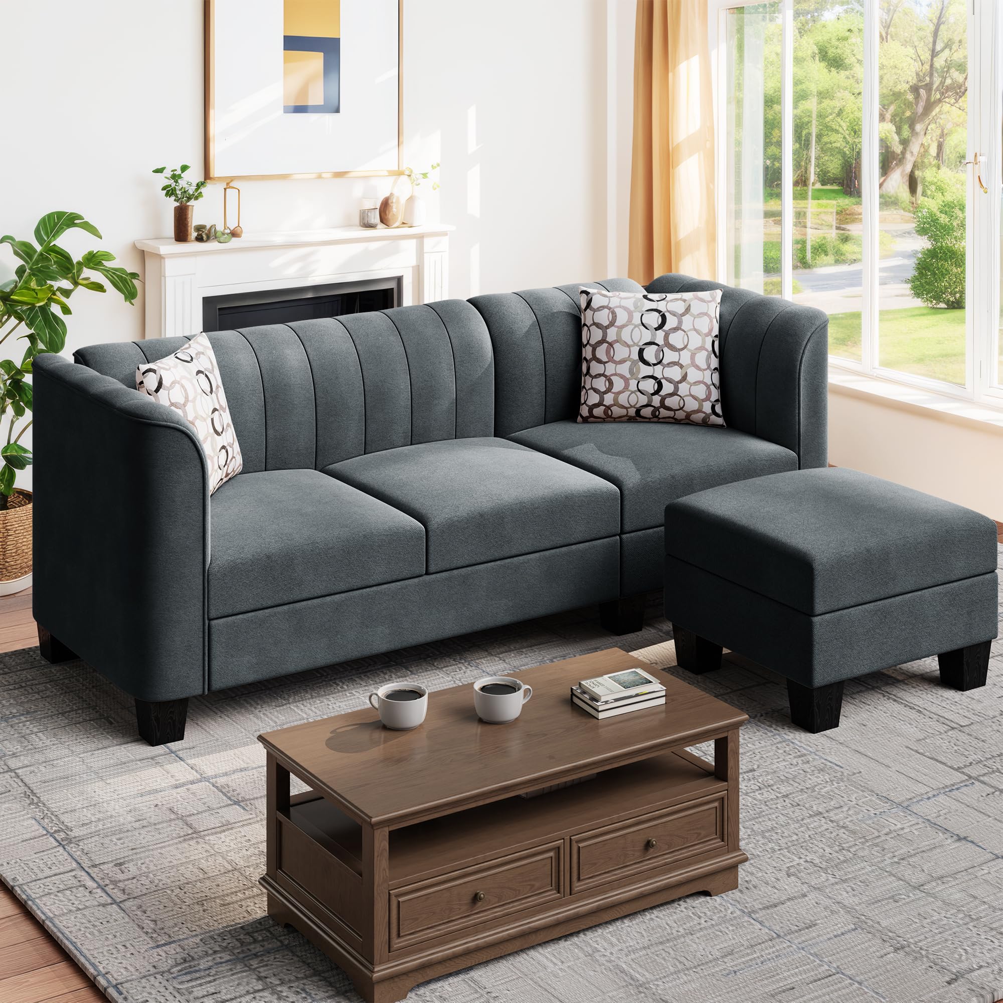Shintenchi Upgraded Convertible Sectional Sofa Couch, 3 Seat L Shaped Sofa with High Armrest Linen Mid Century Fabric Small Couch for Living Room, Apartment and Office (Charcoal)