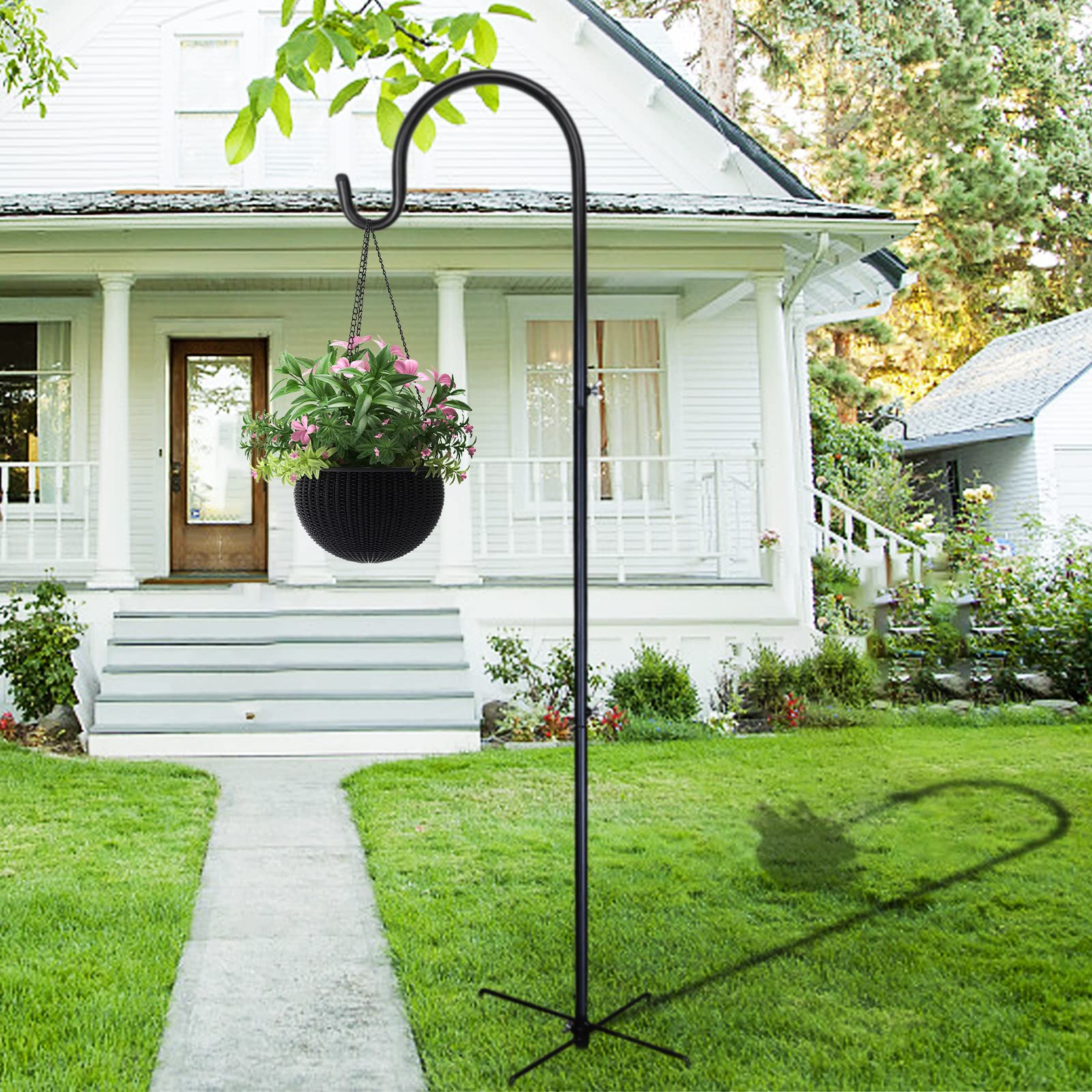MorTime 2 Pack Outdoor Shepherd Hooks, 77 inches Heavy Duty Extendable Metal Garden Hanger Stake Pole with 5 Prong Base for Plants Bird Feeders Wedding Decor Lanterns Wind Chimes