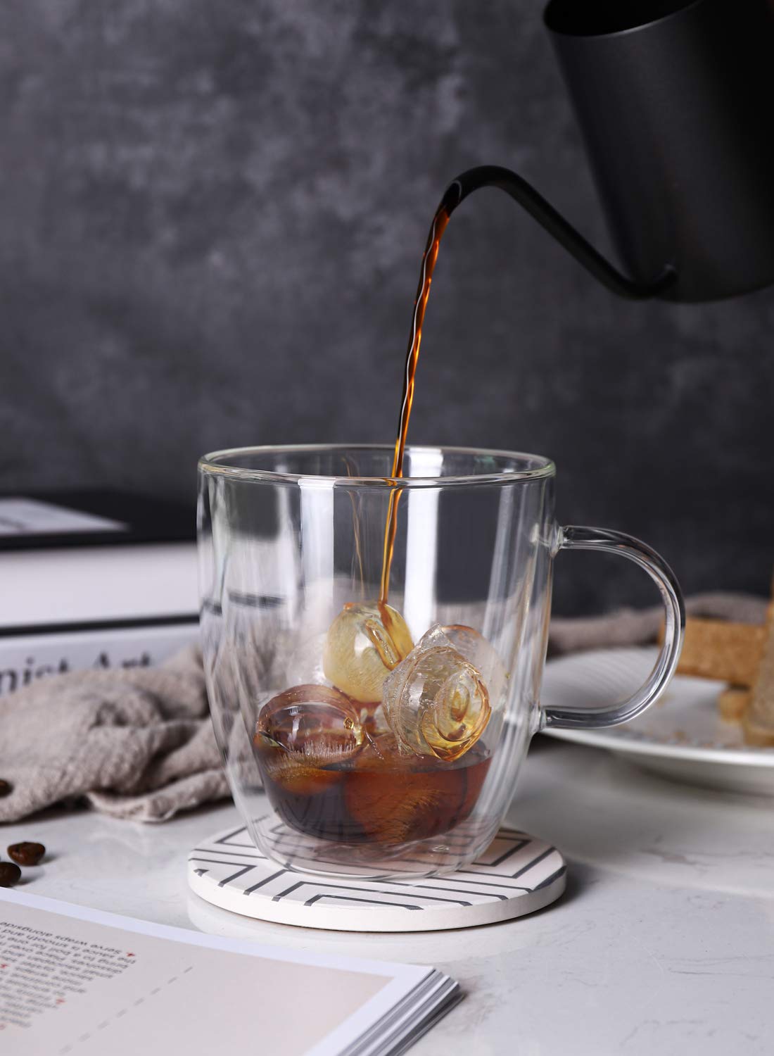 Kanwone Glass Coffee Mugs - 12.5 Ounce Double Wall Insulated Mug Set with Handle, Clear Coffee Mugs, Perfect for Latte, Americano, Cappuccinos, Tea Bag, Beverage, Set of 4