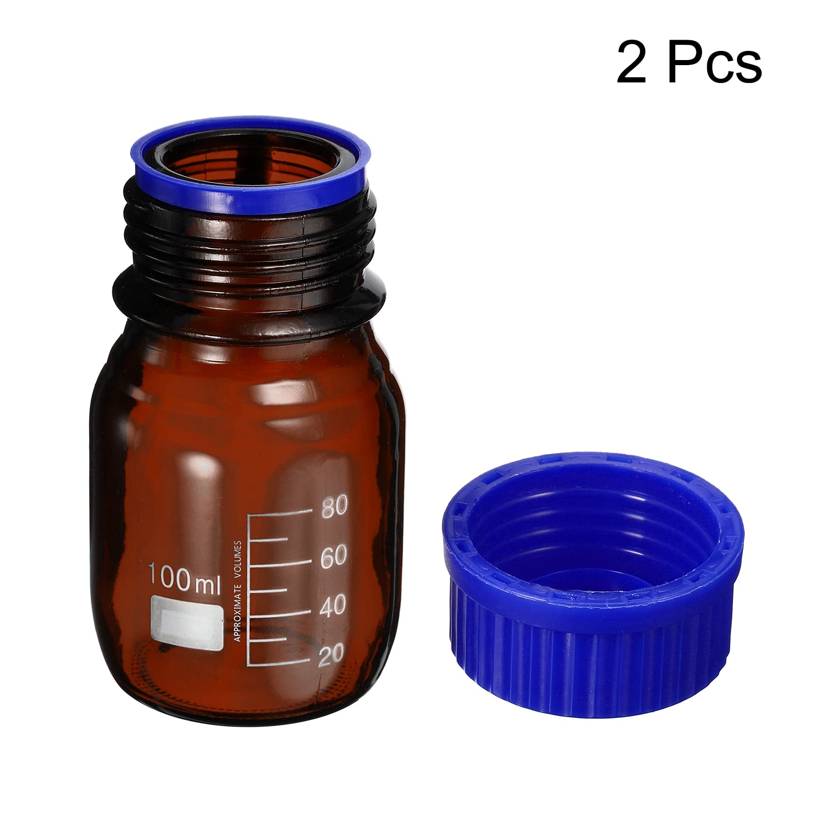 PATIKIL 100mL Reagent Media Bottle, 2Pcs Round Graduated Glass Storage Bottle Blue Screw Cap for Chemistry Lab Universities Home, Amber