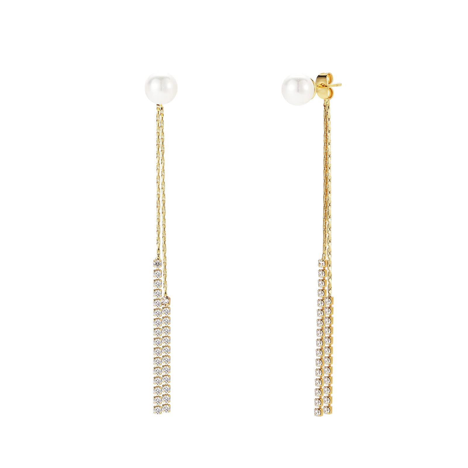 Long Pearl Dangle Earrings for Women, 14K Gold Plated Chain Stud Earring Hypoallergenic Wedding Bridal Tassel Cubic Zirconia Earrings (Style-C)