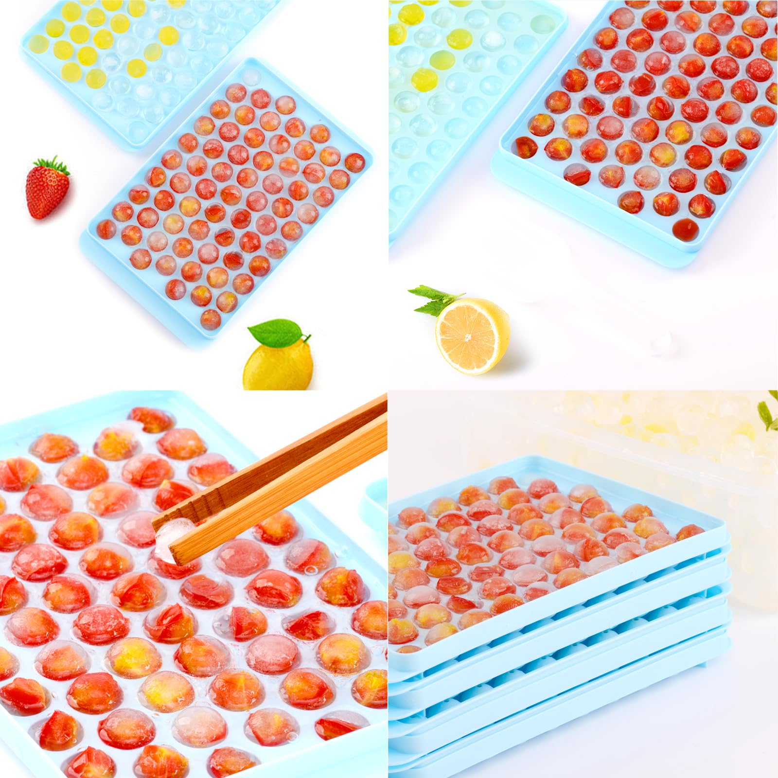 MiNi ice cube tray for freezer with Lid and Bin, 0.7inch Round ice trays 4 Packs 268PCS Tiny Ice Cube Tray Crushed ice tray for Chilling Drinks Coffee Juice (Blue)