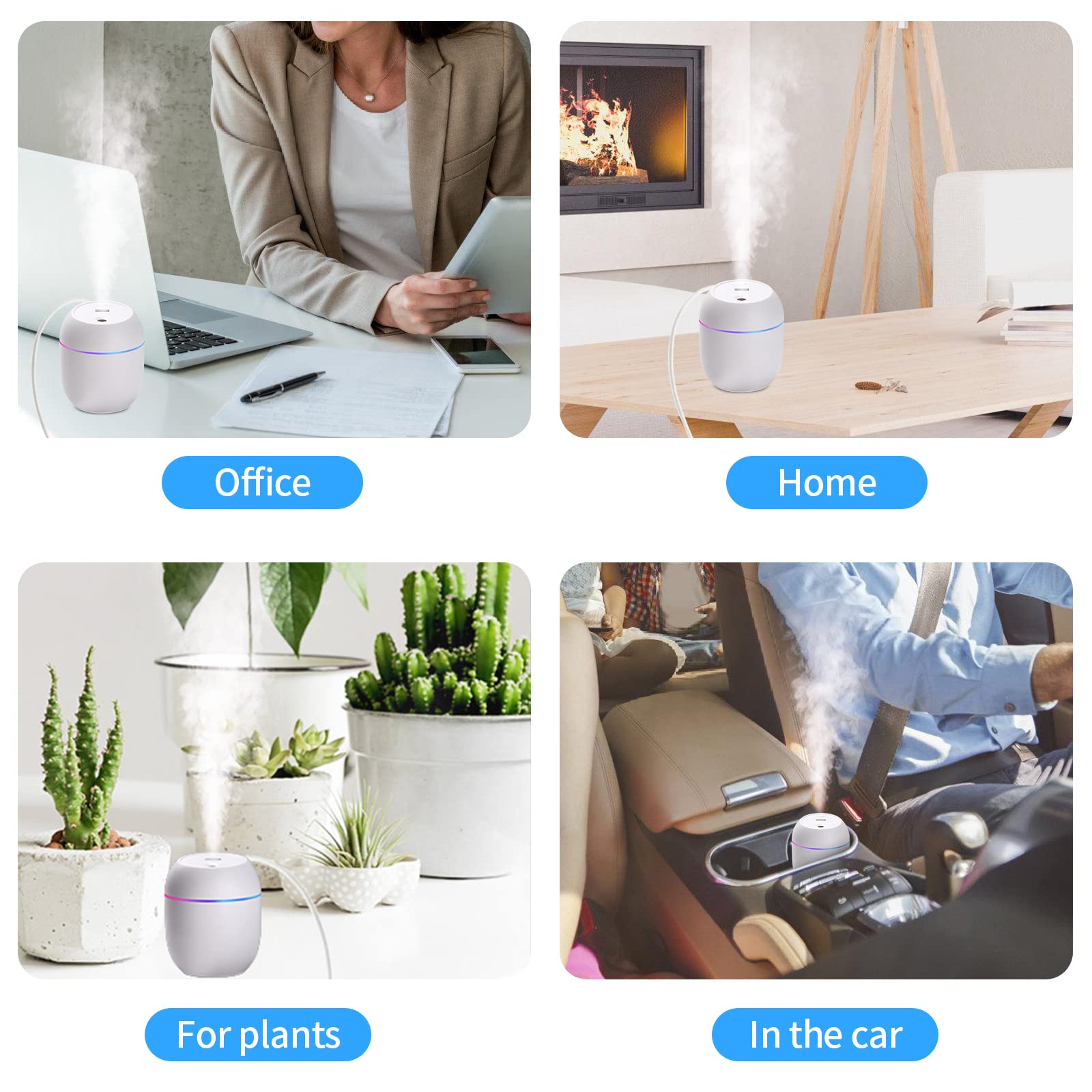 Mini Humidifier, 250ml Small Humidifier for Plants, 2 Cool Mist Mode Plant Humidifier for Office Desktop Home Car, Air Humidifier with 7 Color LED Night Light, Quiet Humidifiers for Sleeping