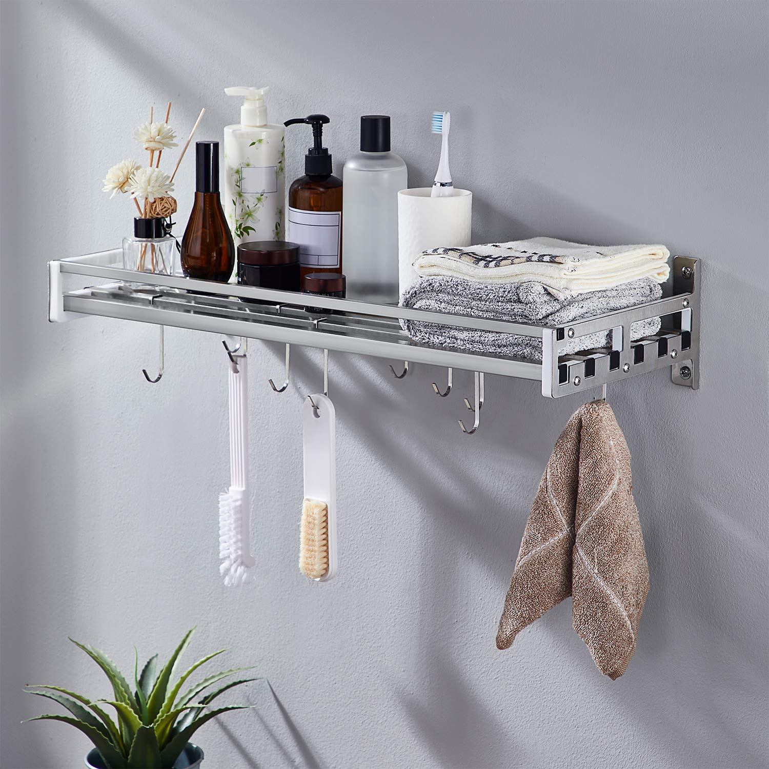 istBoom Wall Mounted Pot Holder Pan Organizer with 16 Hooks, Stainless Steel Kitchen Wall Pots and Pans Rack, Heavy Duty, Modern Slat Design (24'' by 9 1/2")