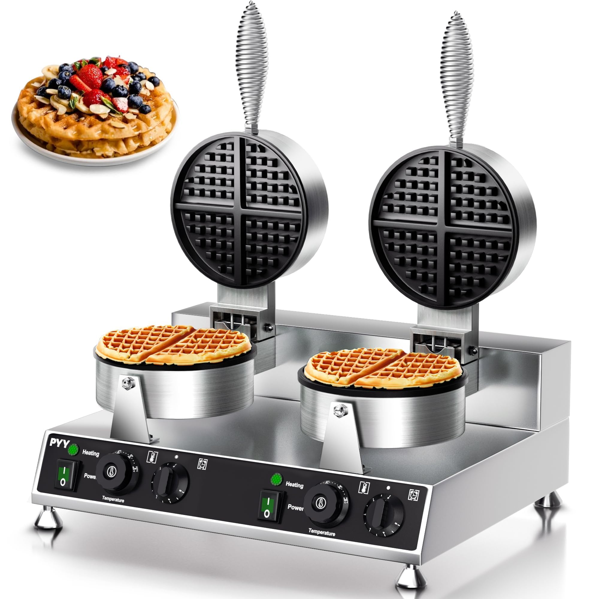 PYY Commercial Waffle Maker Double Waffle Maker Large Stainless Steel Waffle Maker Silver Non-stick Electric Chaffle Maker for Restaurant Party Food Stall