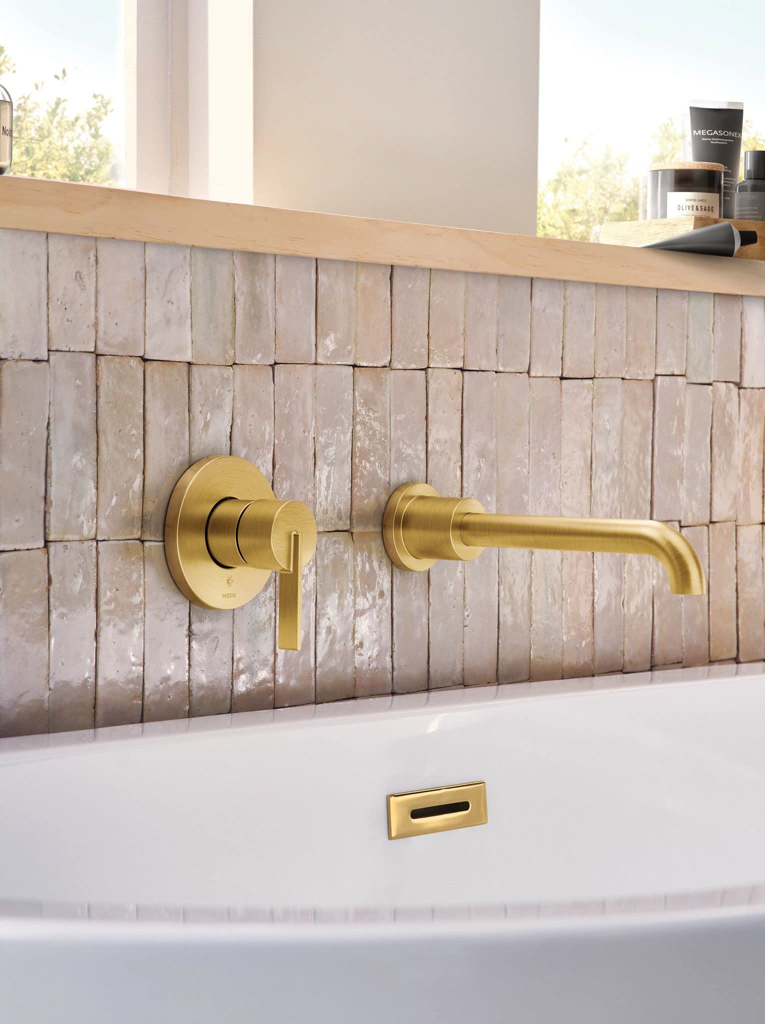 Moen WT6221BG CIA Single Handle Wall Mount Filler High Flow Tub Faucet with 10" Spout Reach, Brushed Gold