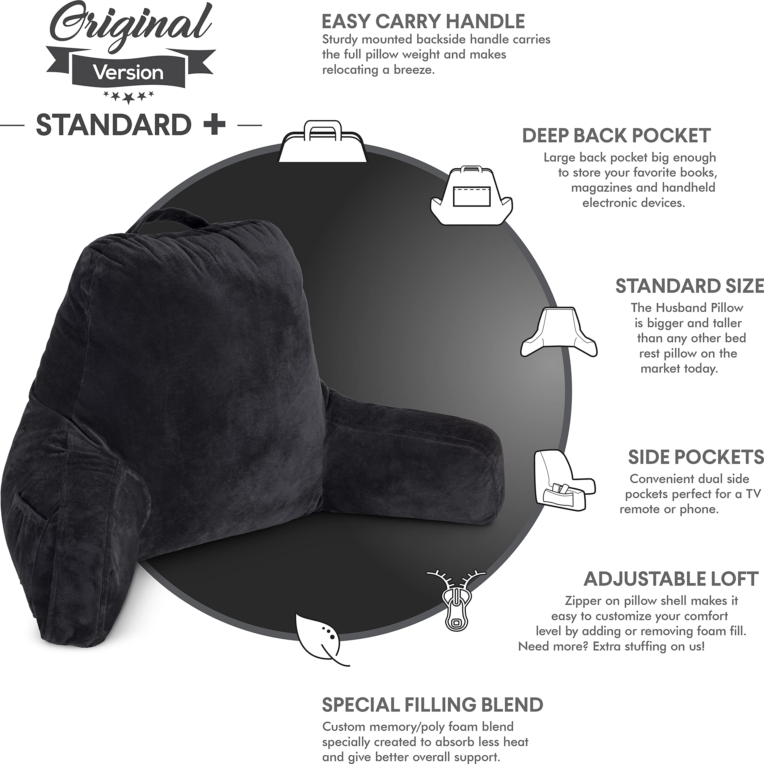 Husband Pillow Combo - Backrest Pillow with Arms : Standard Black & Lap Desk Bed Tray : XXL Grey - Memory Foam Reading Pillows for Bed & Laptop Bed Tray Table