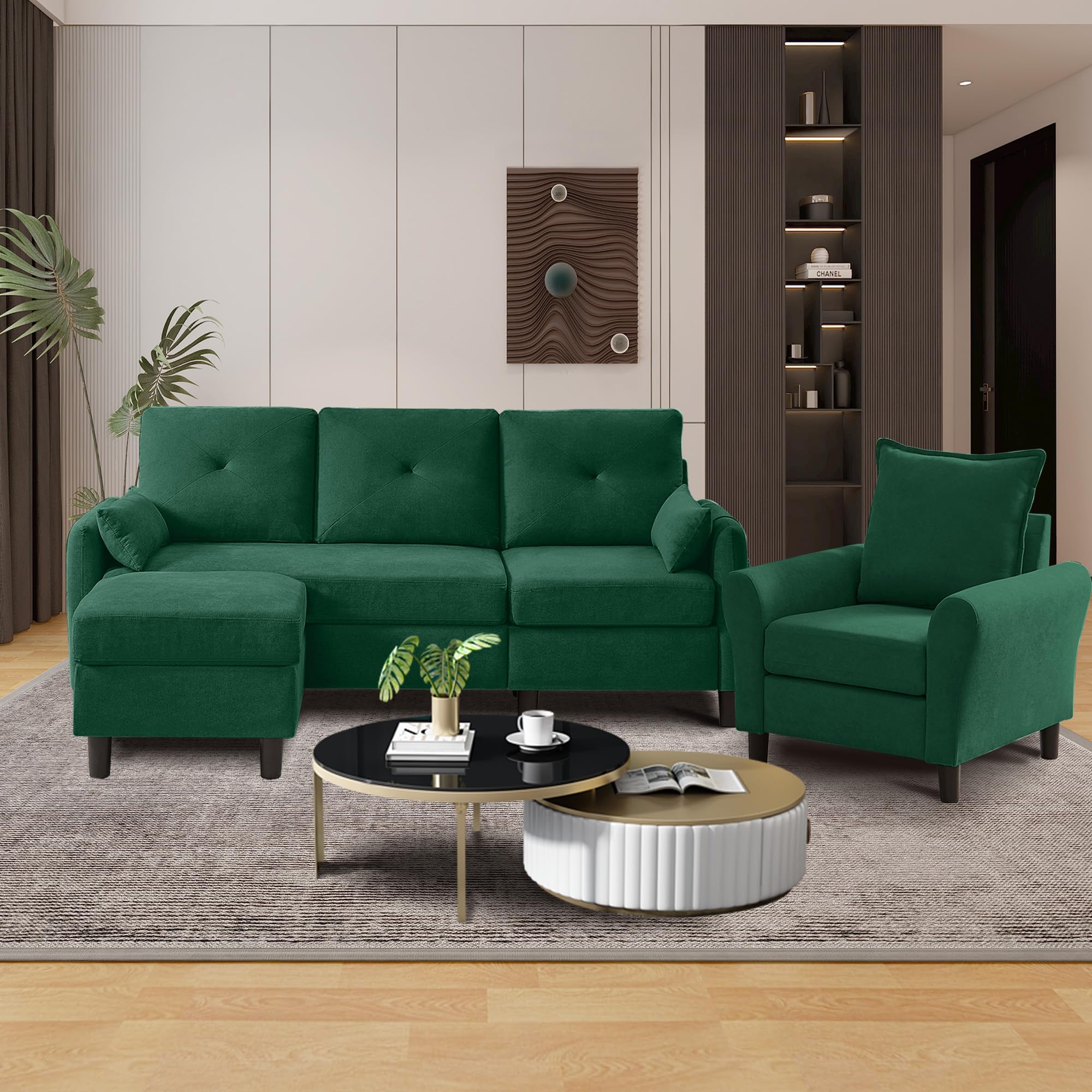 Tornama Sectional Sofa Set 77" Convertible Sofa and Accent Chair Small 3 Seat L Shaped Couch with Reversible Ottoman and Side Pockets, Modern Linen Sofa Couch for Living Room, Office, Apartment, Green