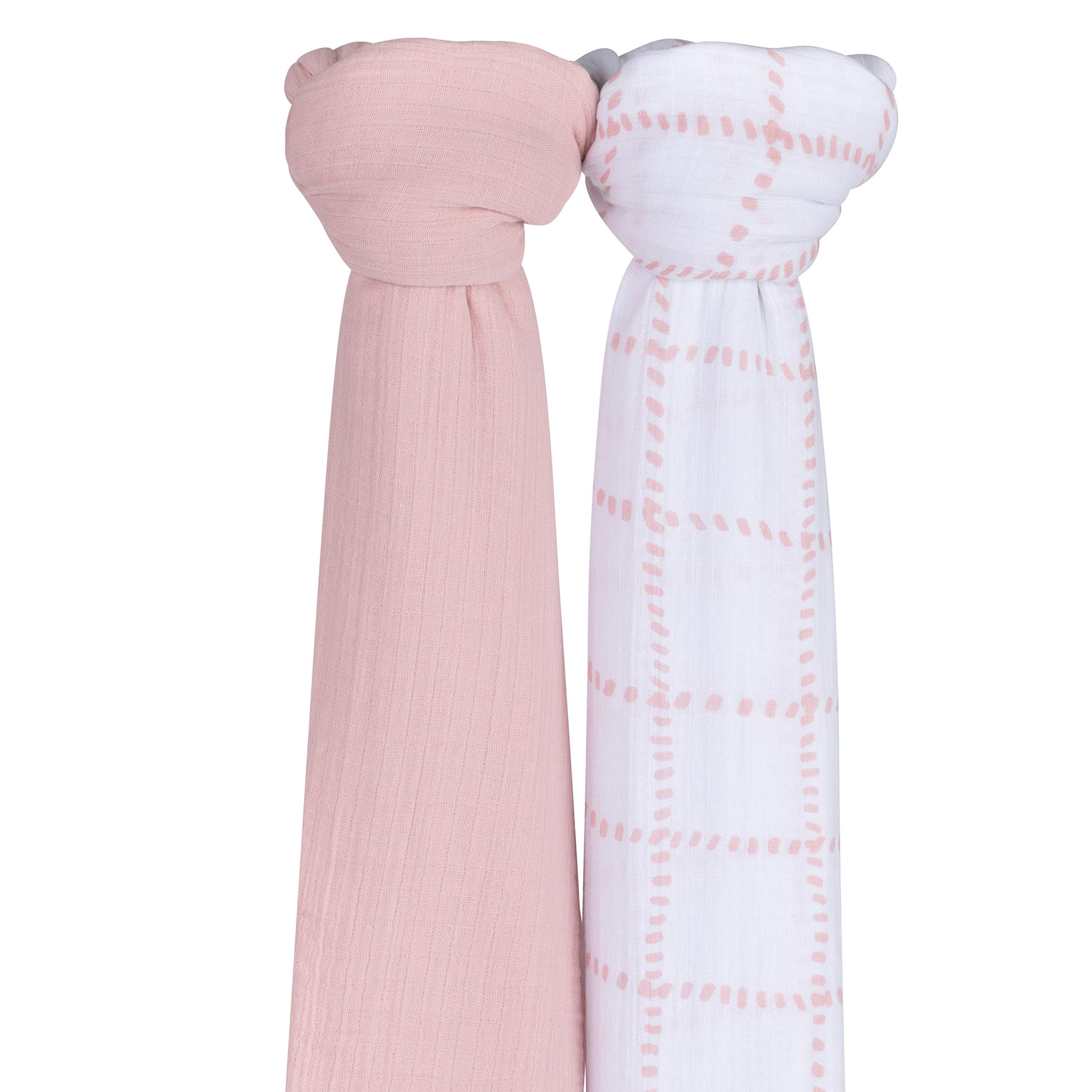 Muslin Swaddle Blankets 2-Pack 100% Muslin Cotton Swaddle Receiving Wrap Blankets (47 X 47 inches) Gift for Baby Girl (Pink Grid Lines & Solid Pink) (Pink)