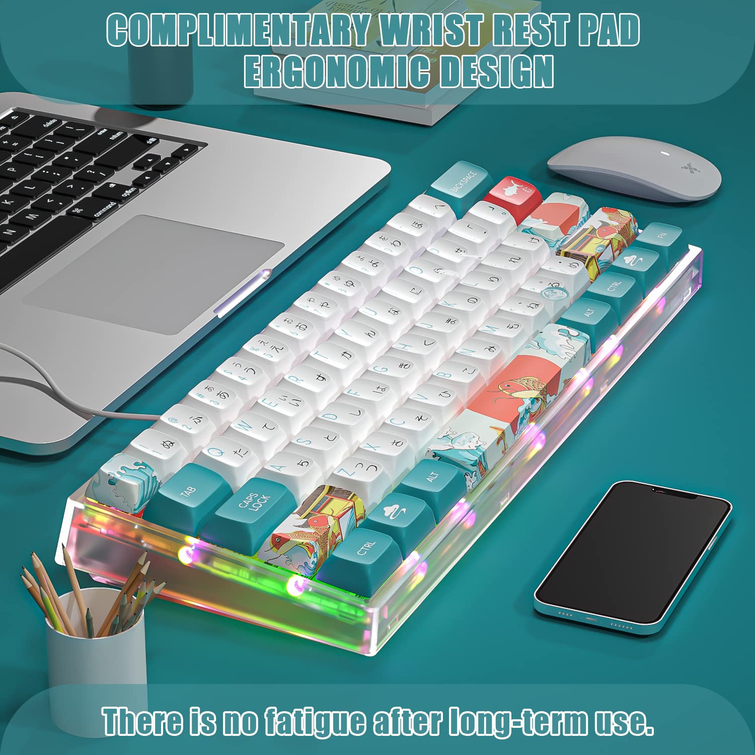 MIHIYIRY 61 Keys Mechanical Gaming Keyboard,Japanese Root Words 60% Compact Hot-Swappable RGB Backlit Keyboard for Win/Mac Gamers (Coral Sea Theme)